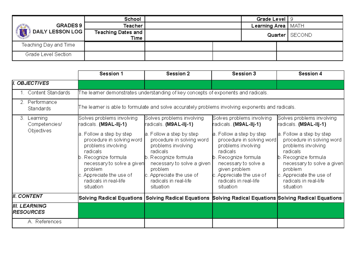 DLL WK 18 LC 28 - Lesson Log for Grade 9 Mathematics Quarter 2. It will ...