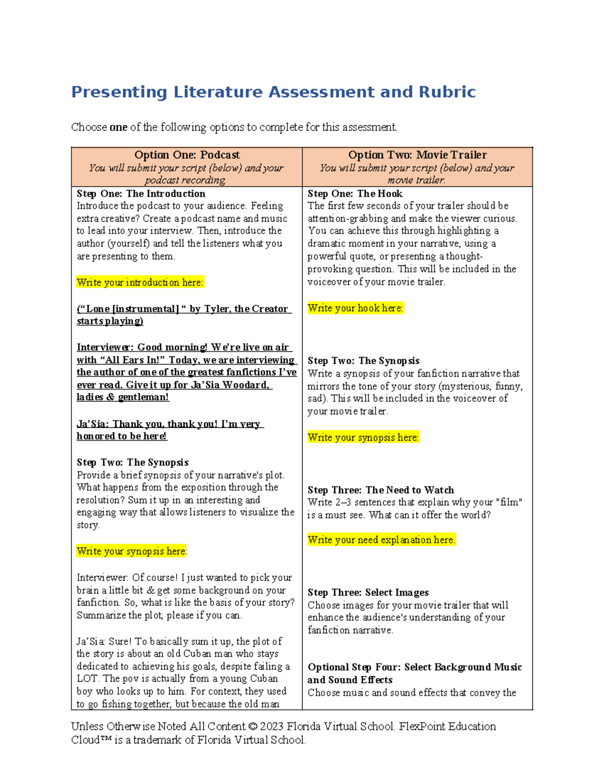Presenting literature assessment rubric Completed - Presenting ...