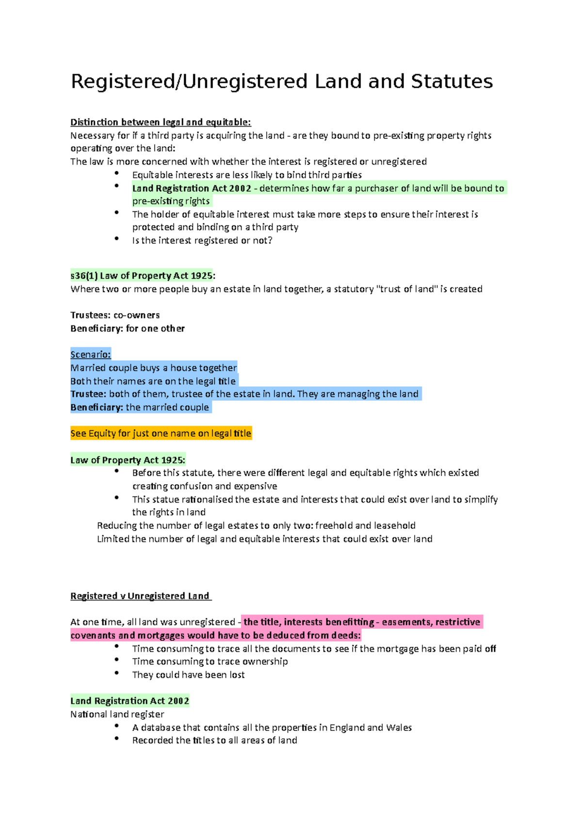Registered Unregistered Land and Statutes - Registered/Unregistered ...