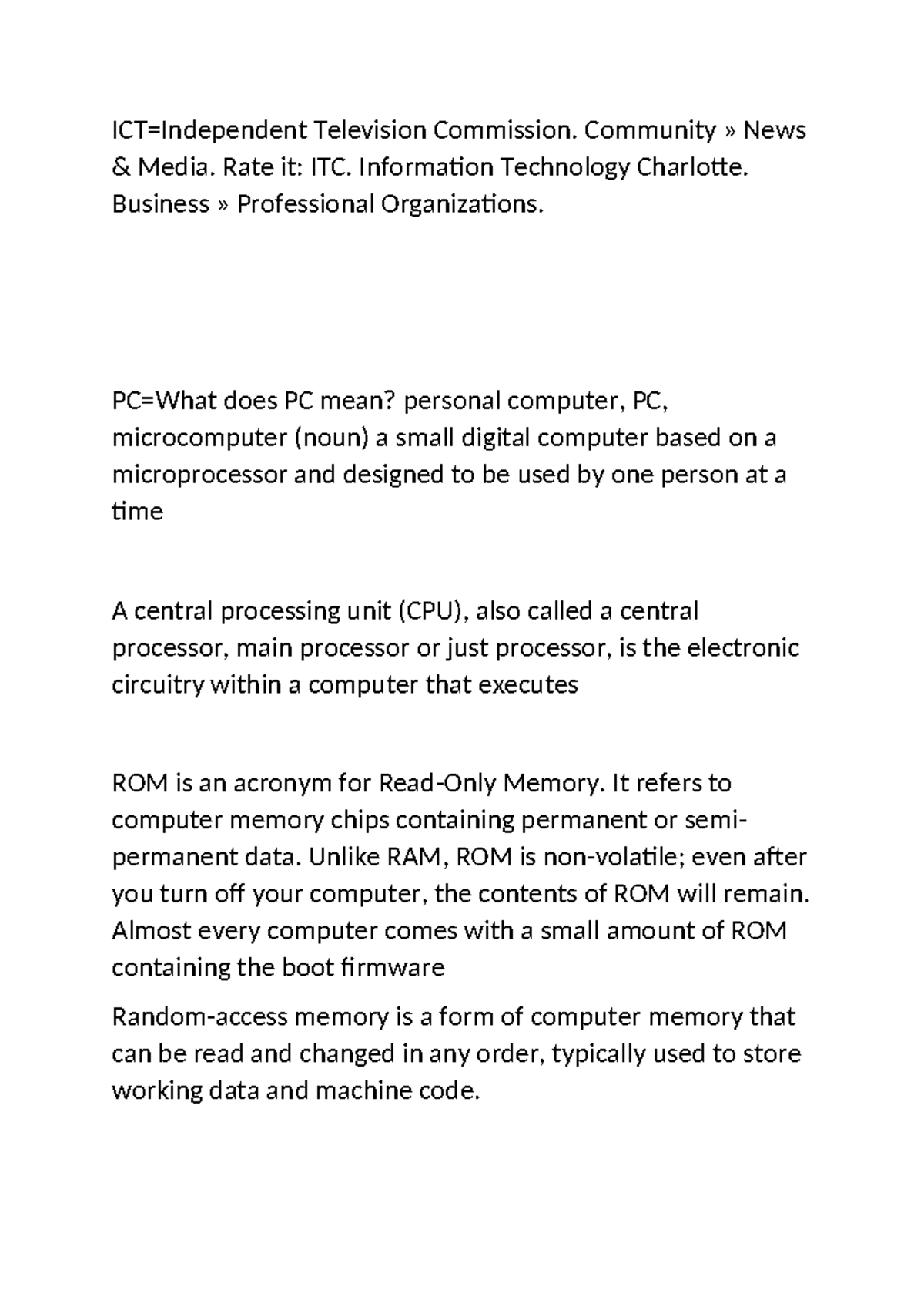 what is the definition of ICT , ROM and components - ICT=Independent ...