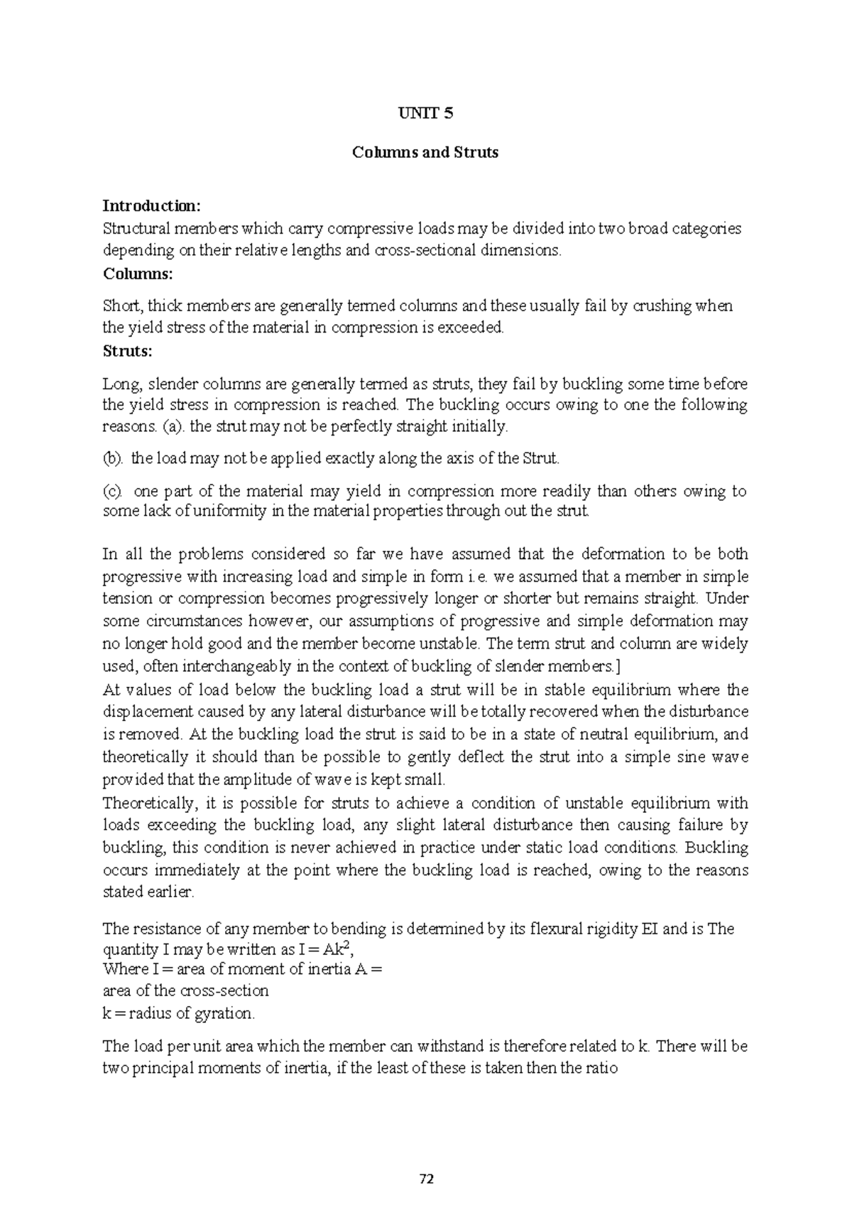 STRENGTH OF MATERIALS- Columns & Struts - UNIT 5 Columns and Struts ...