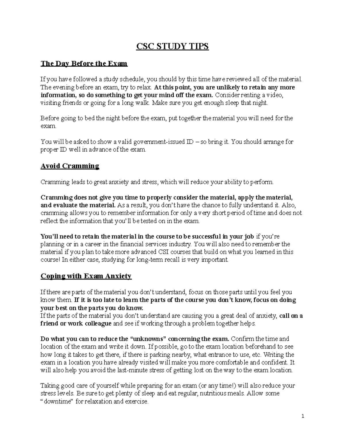 CSC Study TIPS - CSC STUDY TIPS The Day Before the Exam If you have ...