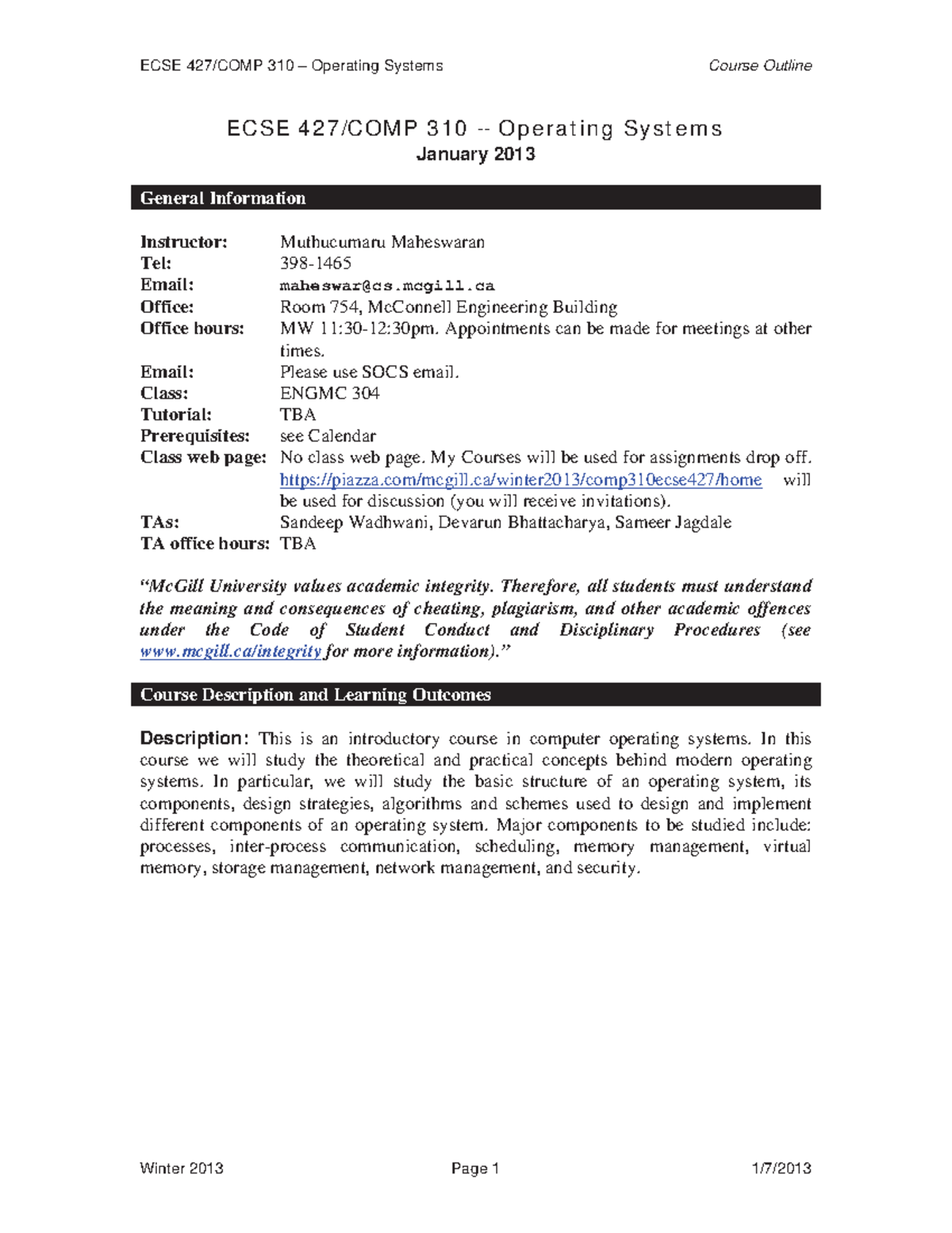 ECSE 427 Course Outline - ECSE 4 2 7 /COM P 3 1 0 - Op e r a t i n g Sy ...