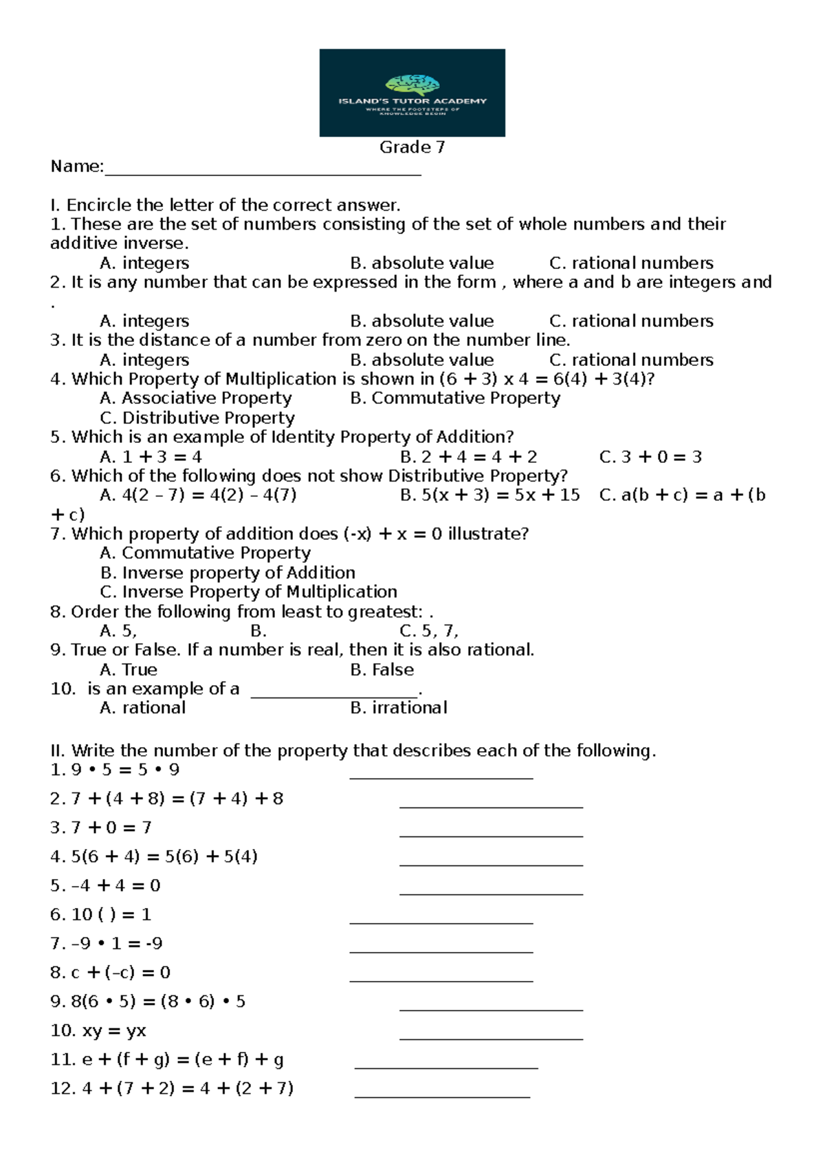 MATHEMATICS Activities - Grade 7 Name ...