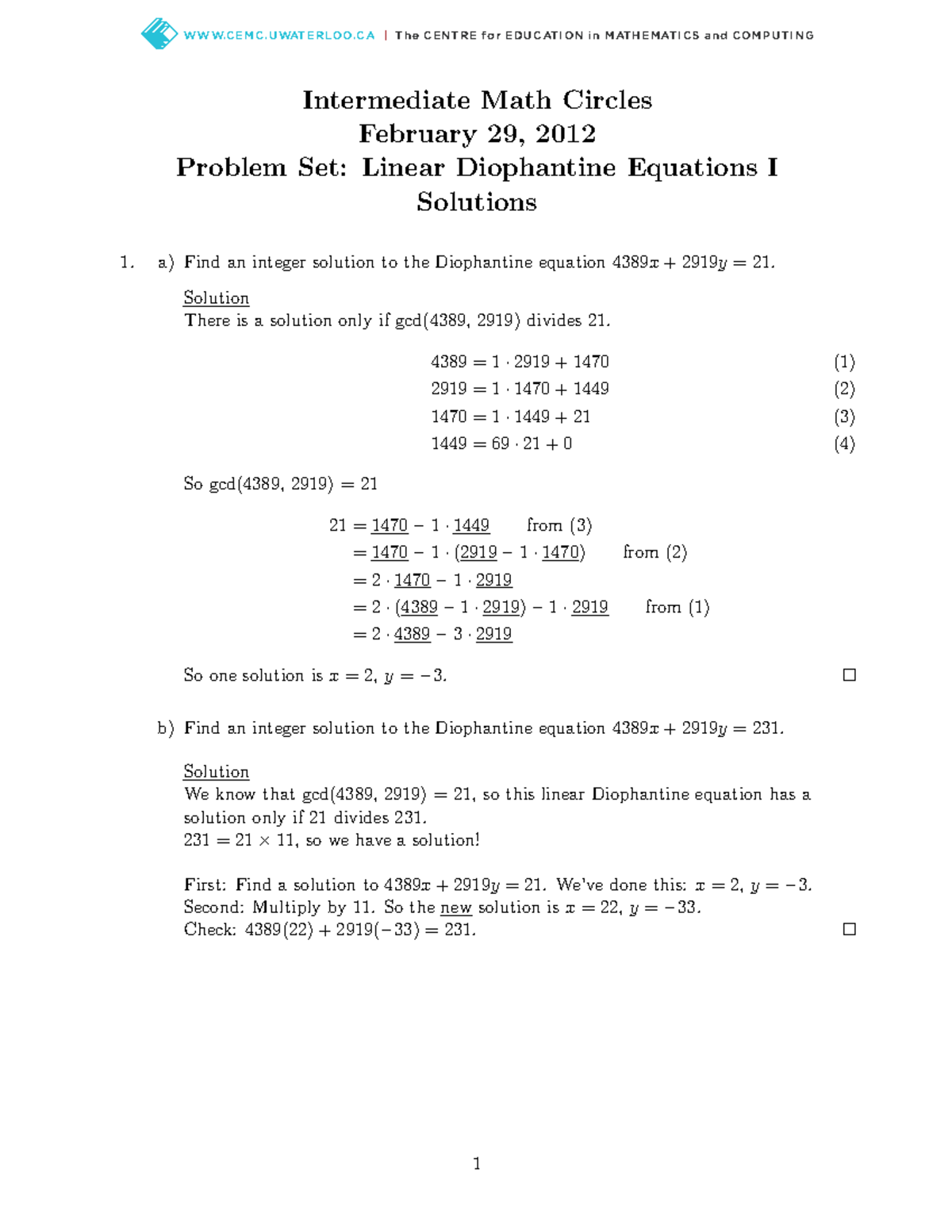 Intermediate Feb29-Solns - Intermediate Math Circles February 29, 2012 Problem Set: Linear - Studocu