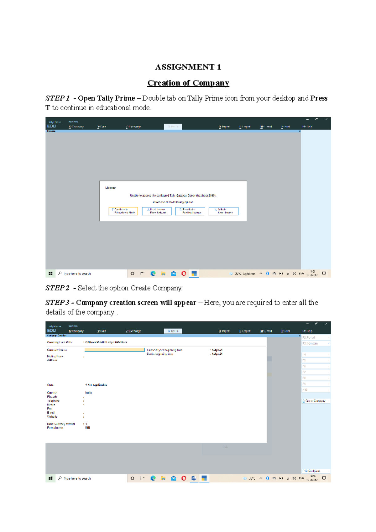 Tally prime assignments - B.com(hons) - IPU - Studocu