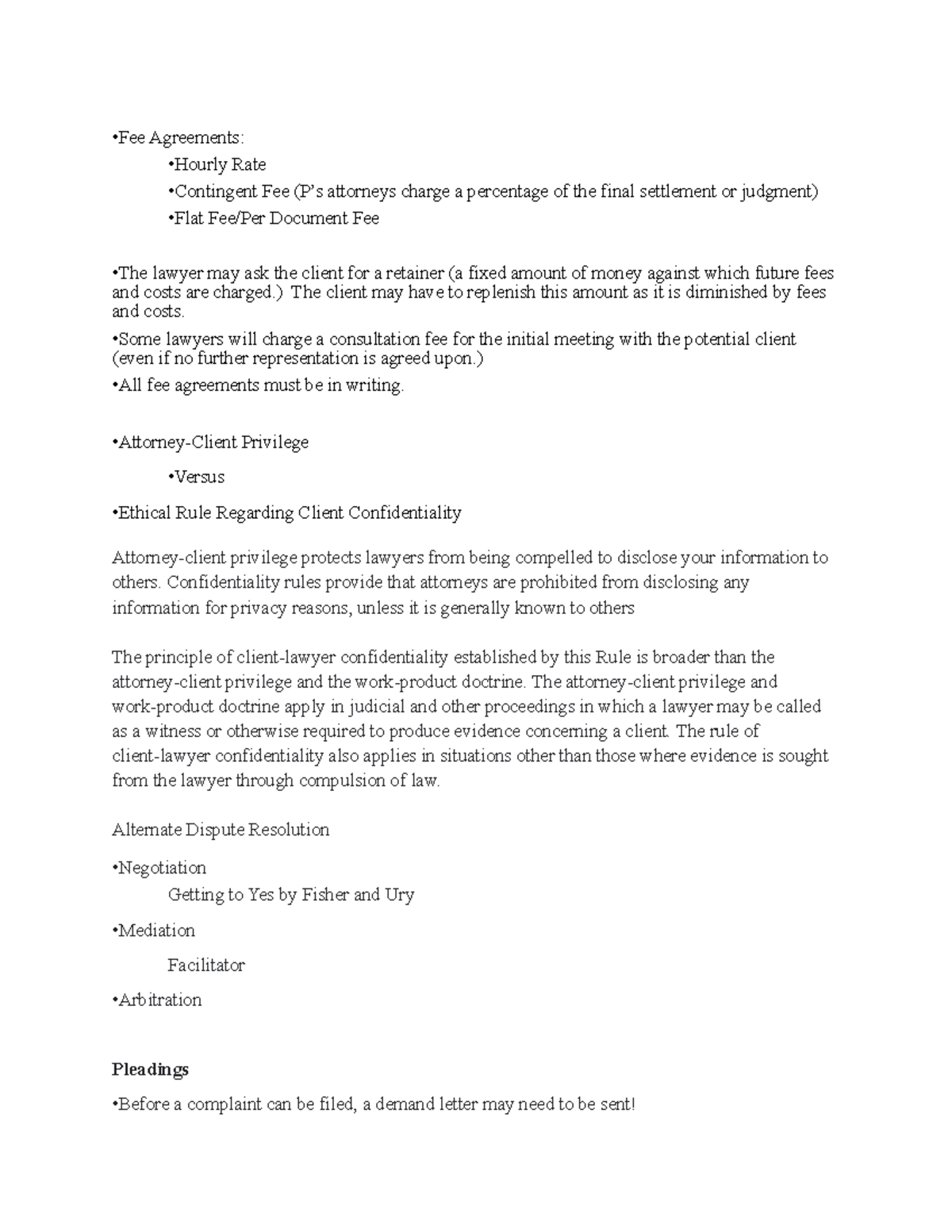 Law Notes 4 - •Fee Agreements: •Hourly Rate •Contingent Fee (P’s ...