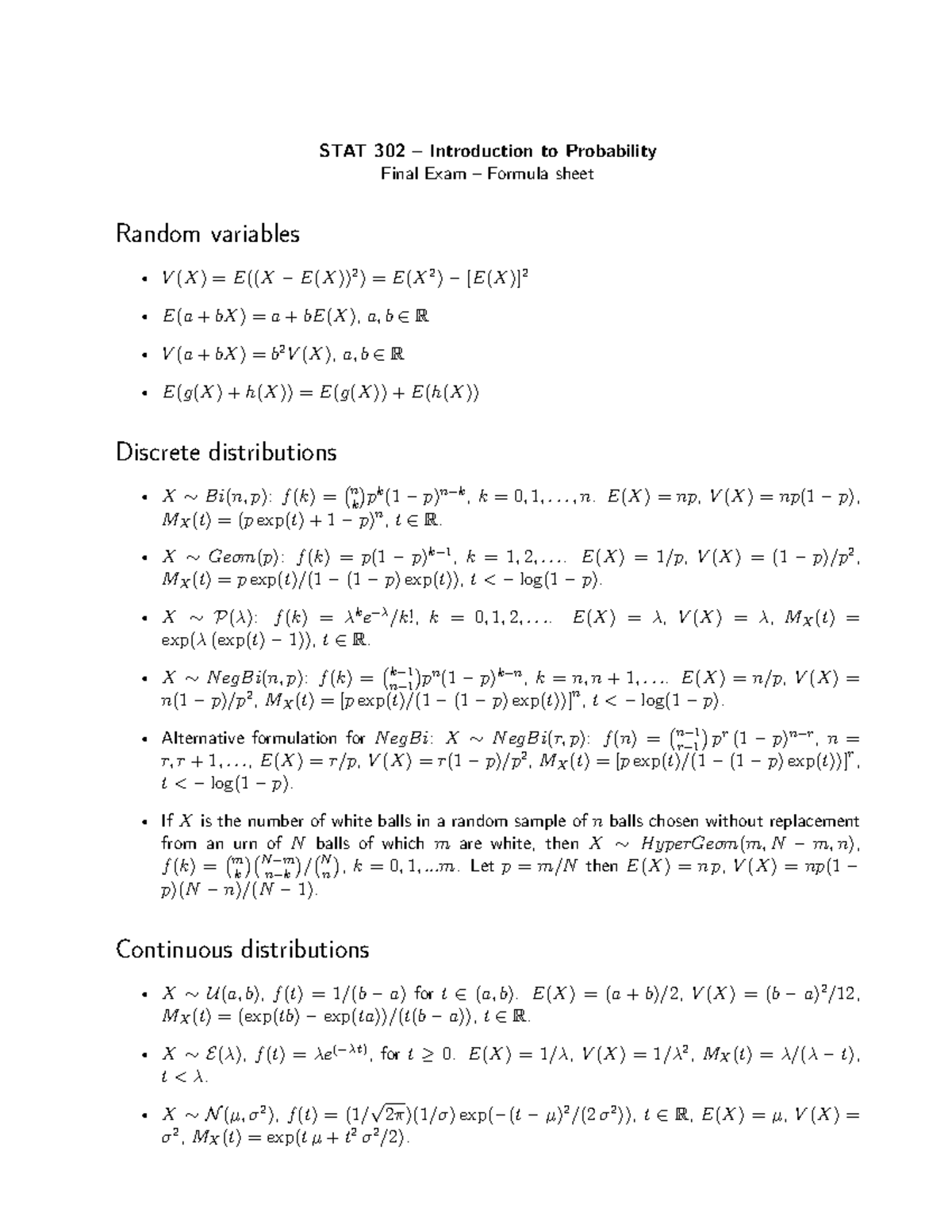 Final-formulas - formulas - STAT 302 – Introduction to Probability ...