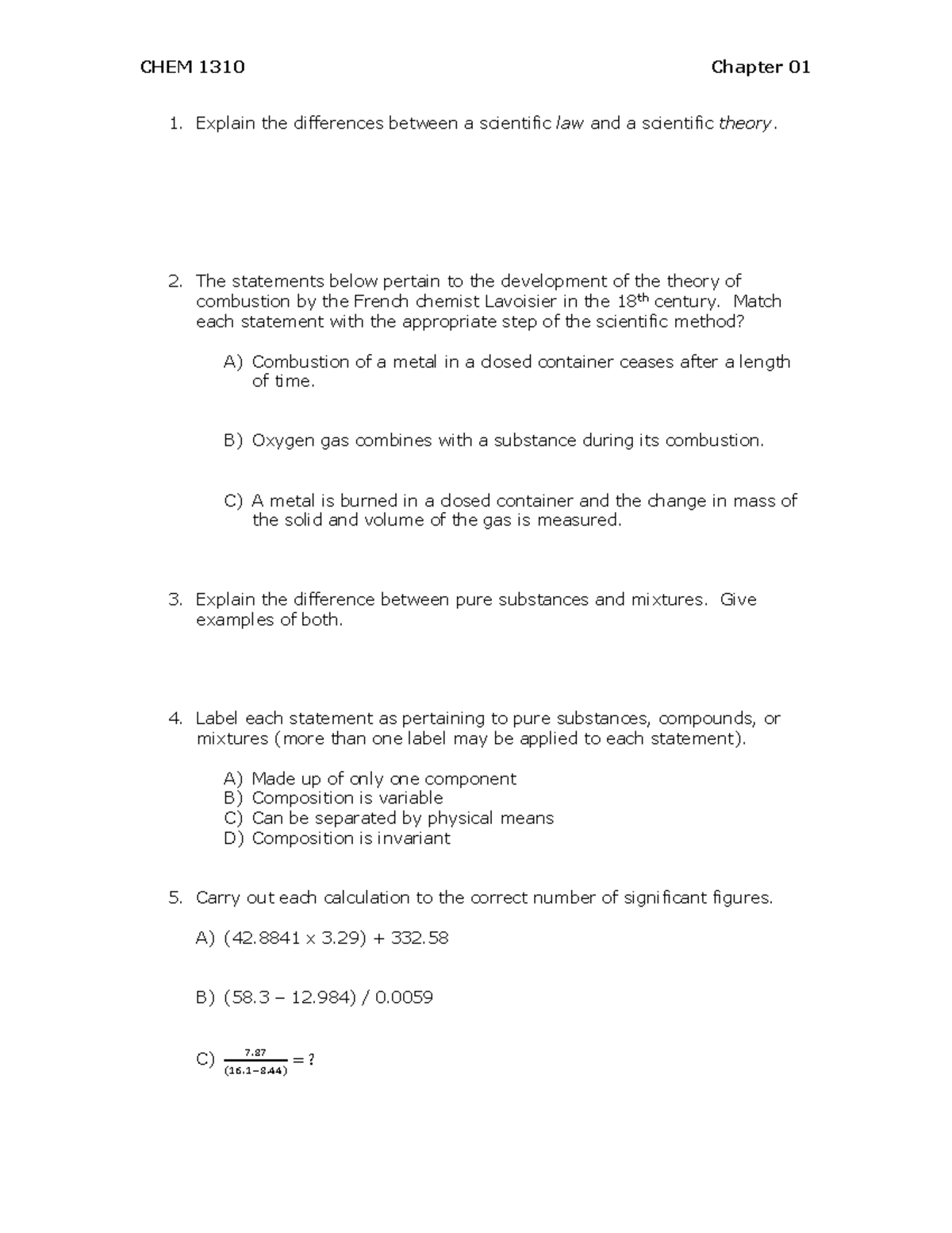 CHEM 1310 CH. 01 Recitation Problems - CHEM 1310 Chapter 01 Explain the ... CHEM 1310 CH. 01 Recitation Problems - CHEM 1310 Chapter 01 Explain the ...