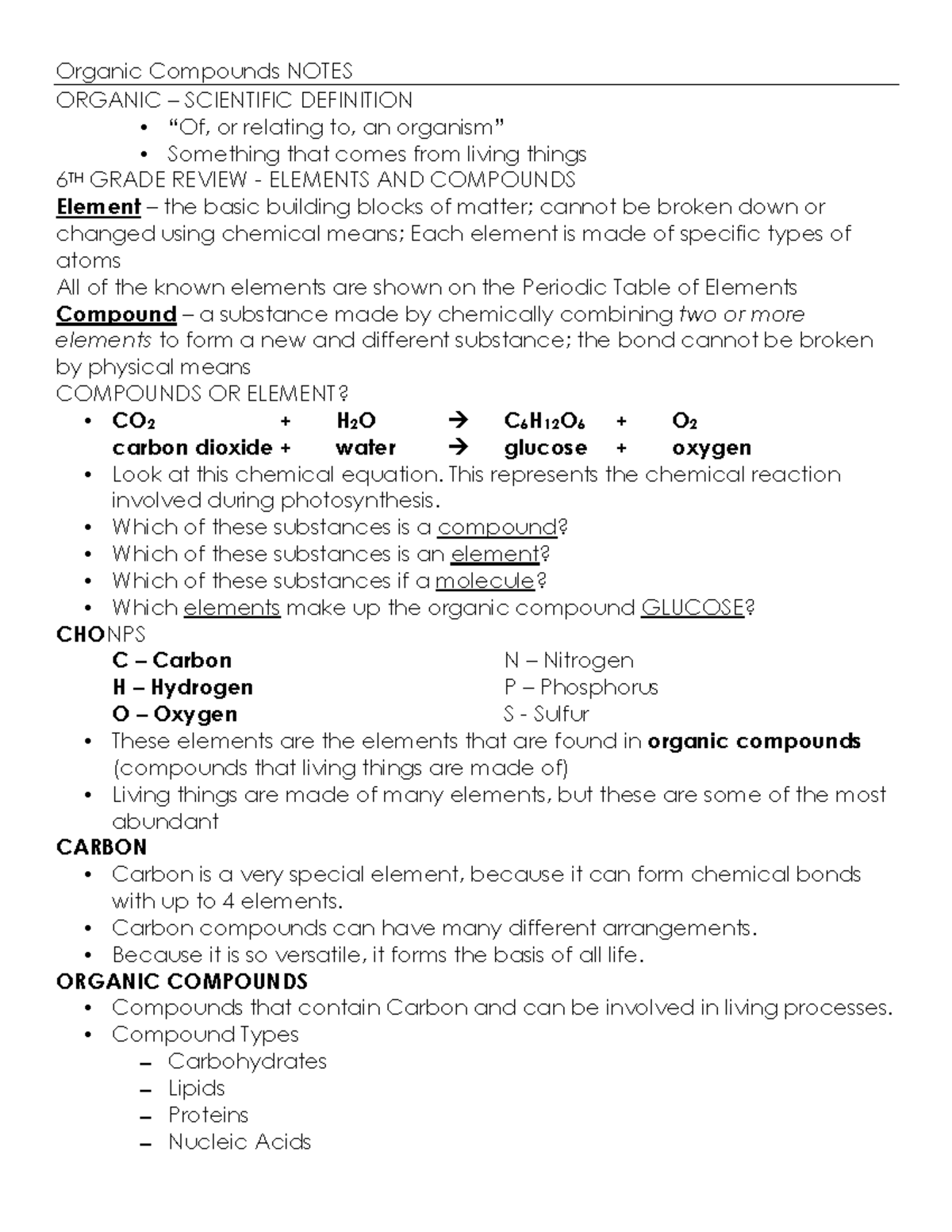 Organic Compounds Notes Outline - Organic Compounds NOTES ORGANIC ...