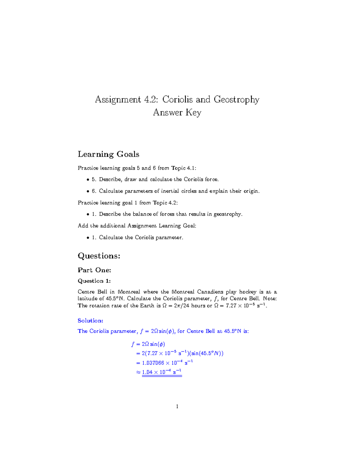 Assignment 4 2 Answer Key - Assignment 4: Coriolis and Geostrophy ...