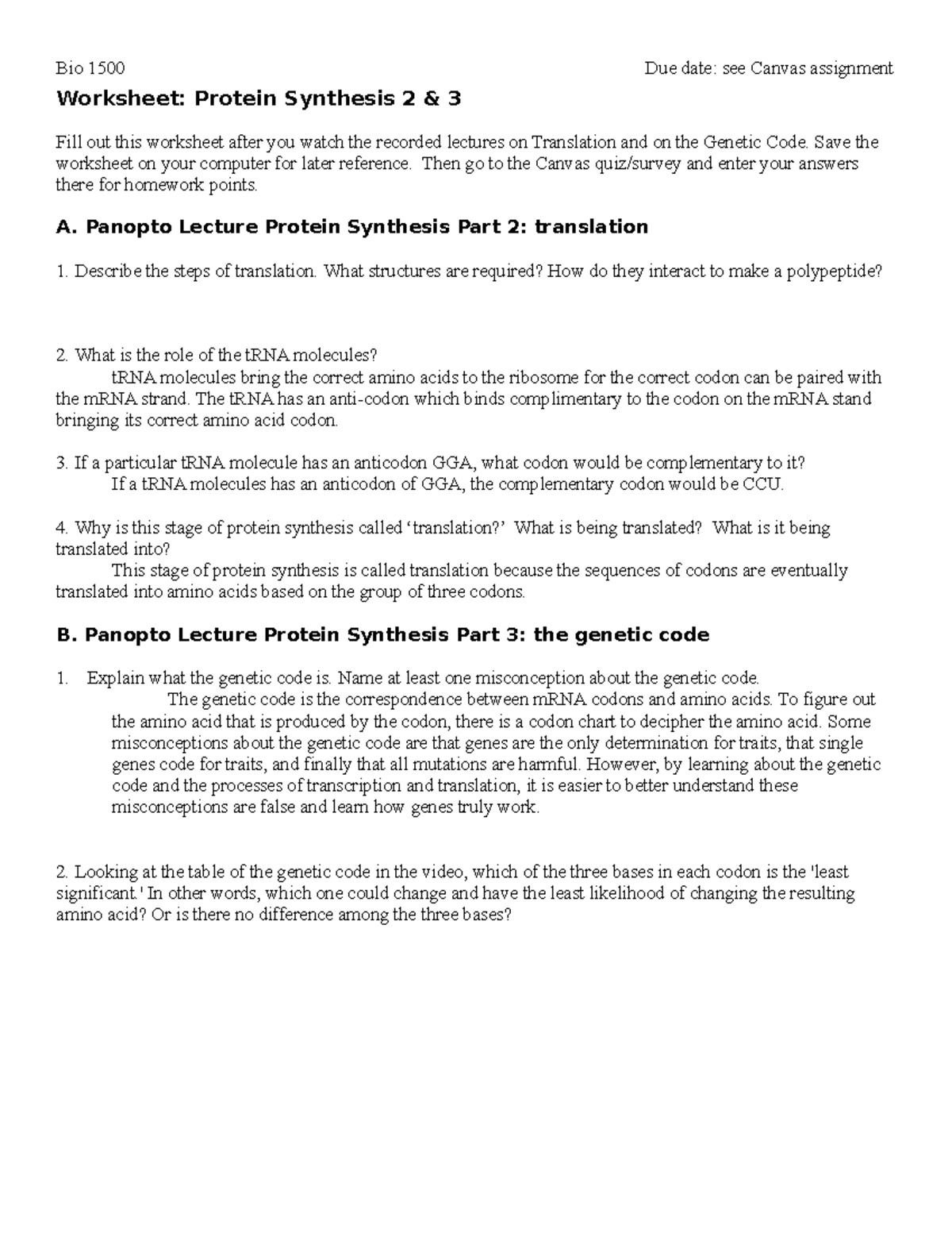 #15 Prot Syn 2 3-1 - Homework 15 Dr. Liscum - Bio 1500 Due date: see ...