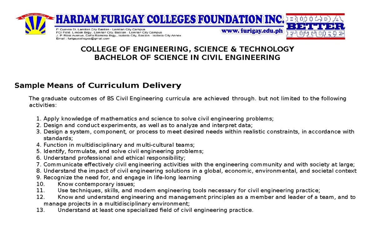 BSCE Sample Means OF Curriculum Delivery - COLLEGE OF ENGINEERING ...