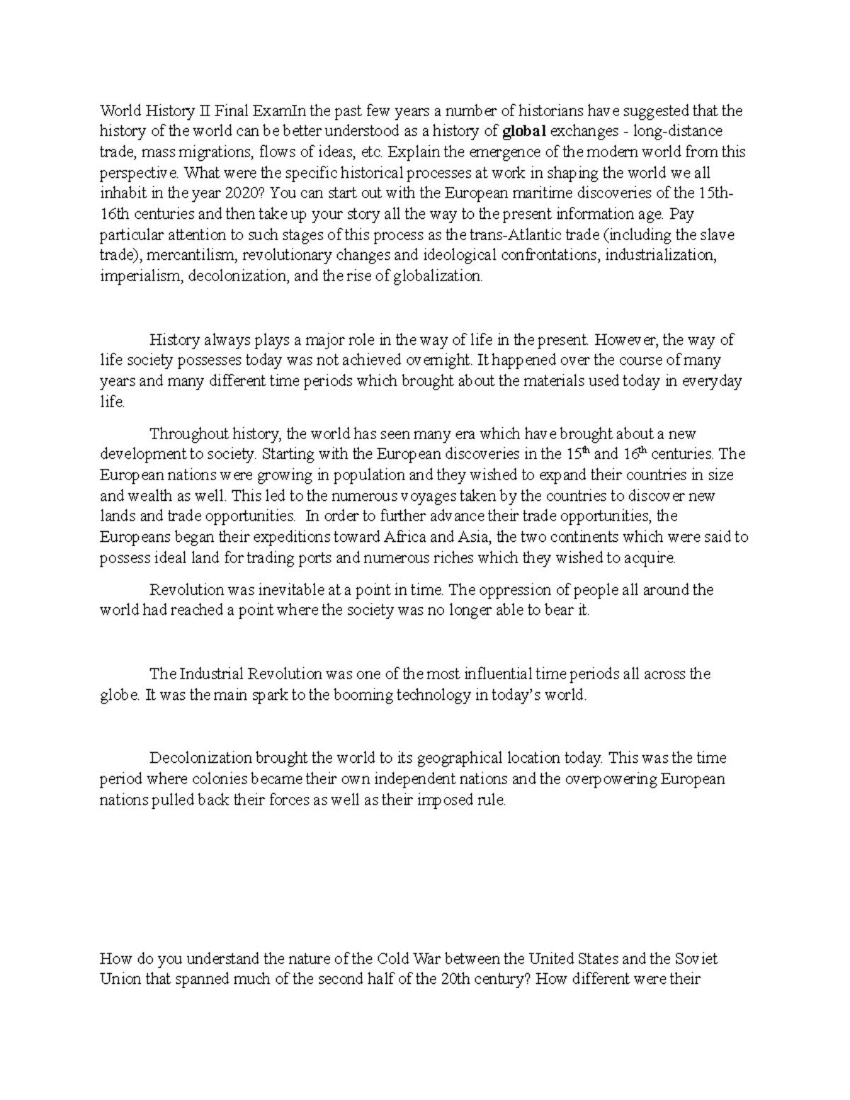 World History II Final Exam - Explain the emergence of the modern world ...