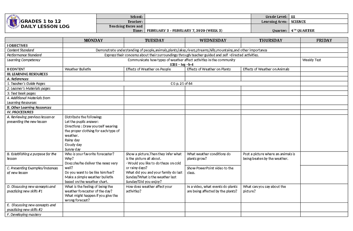 DLL Science 3 Q4 W3 - GRADES 1 to 12 DAILY LESSON LOG School: Grade ...