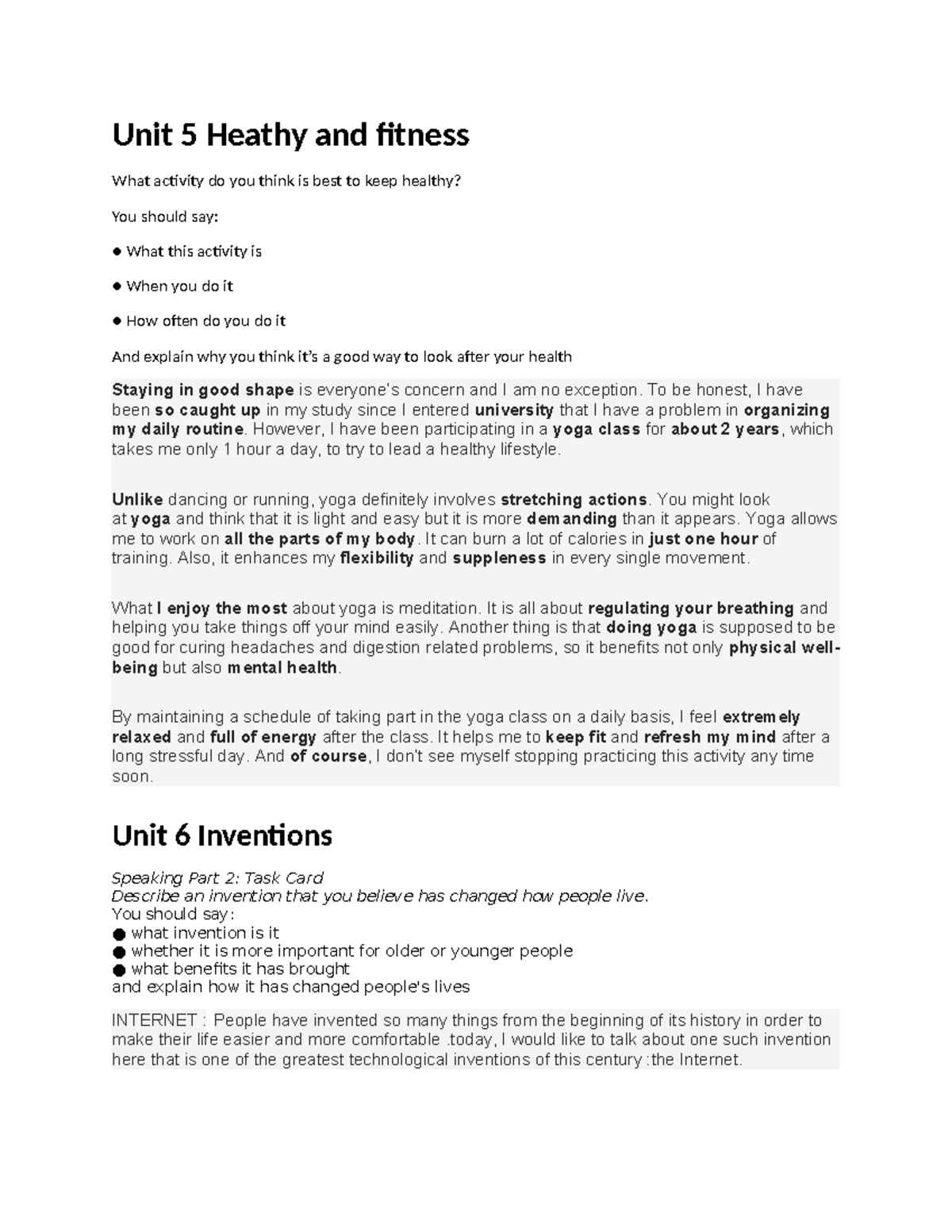 Speaking IE2 scripts - Unit 5 Heathy and fitness What activity do you ...