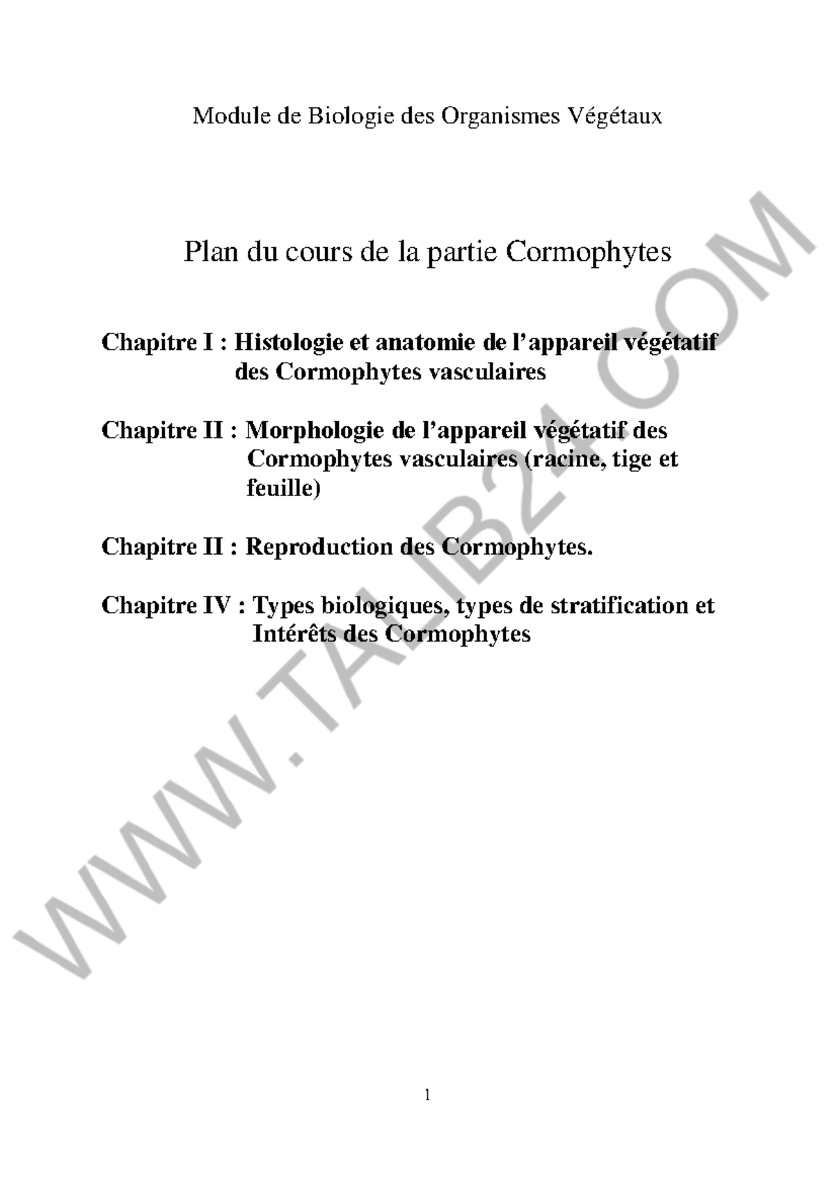 Cours-cormophytes - Module de Biologie des Organismes Végétaux Pr ...