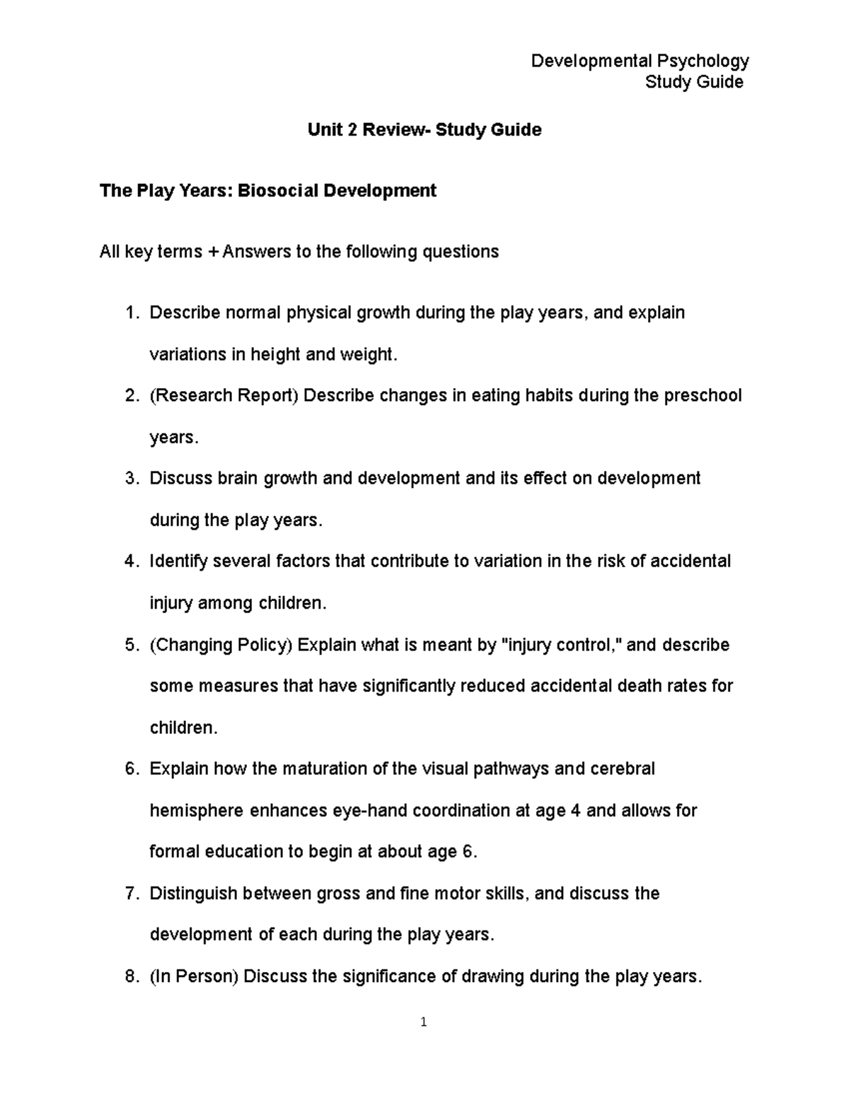 2021 Developmental Psychology Study Guide Review Unit 2 - Study Guide ...