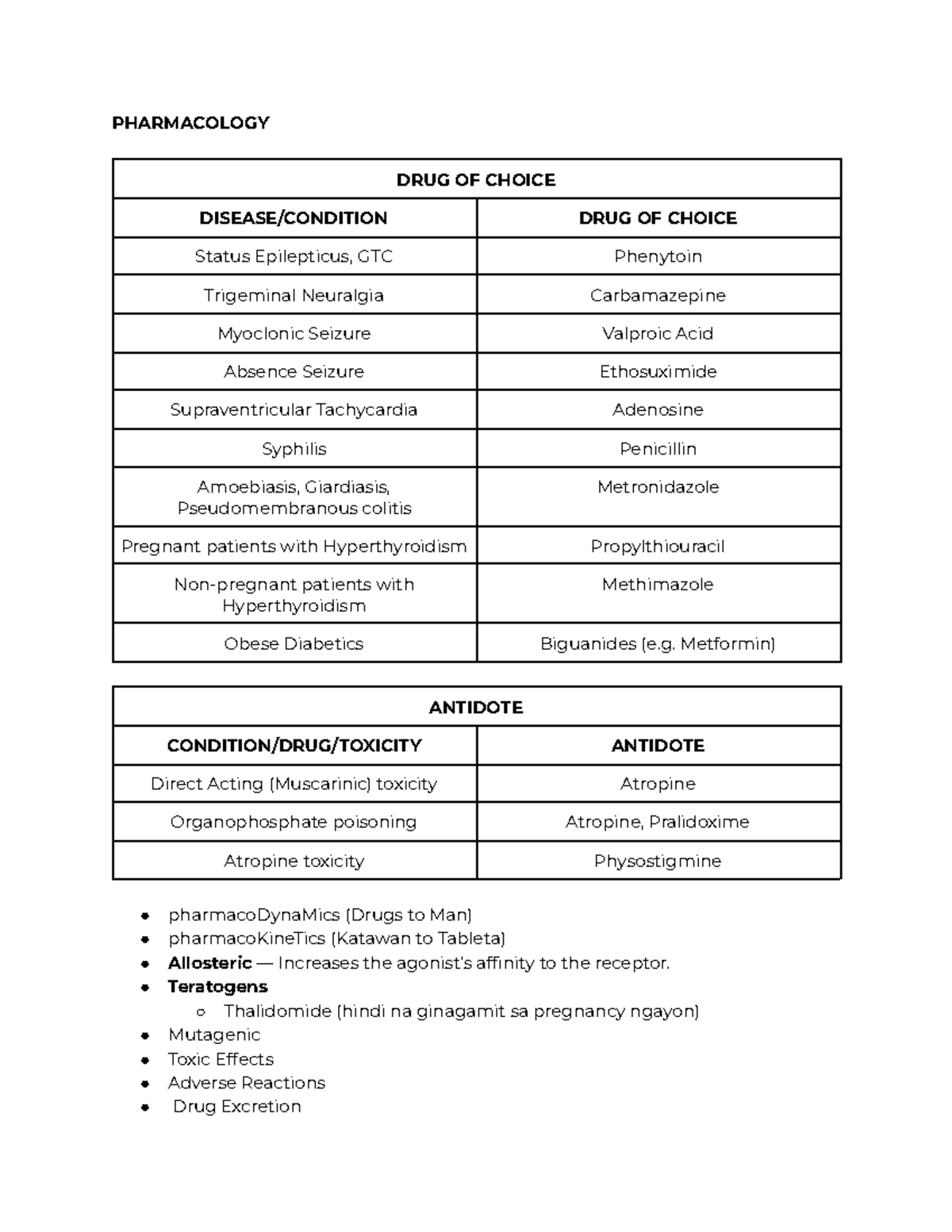 Pharmacology Notes - PHARMACOLOGY DRUG OF CHOICE DISEASE/CONDITION DRUG ...