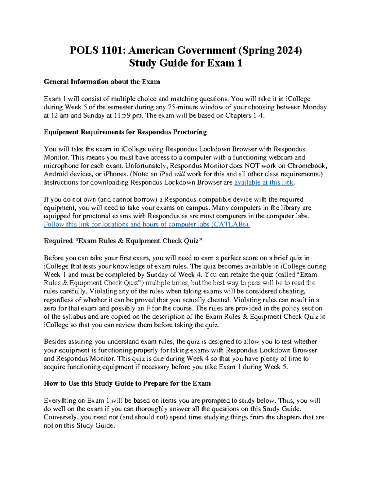 Exam 1 Study Guide - POLS 1101: American Government (Spring 2024) Study ...