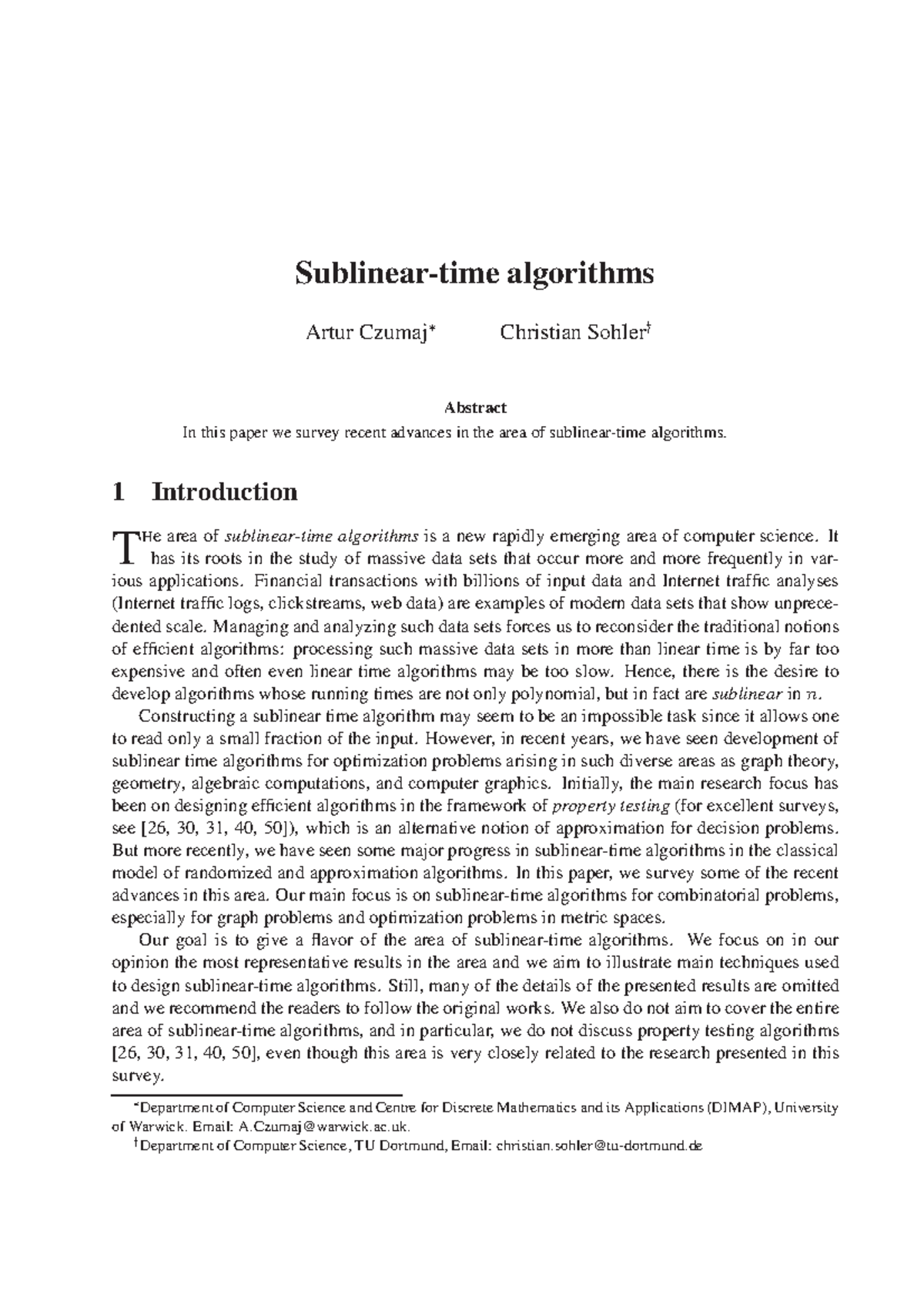 Sublinear Time Algms Sublinear Time Algorithms Artur Czumaj∗