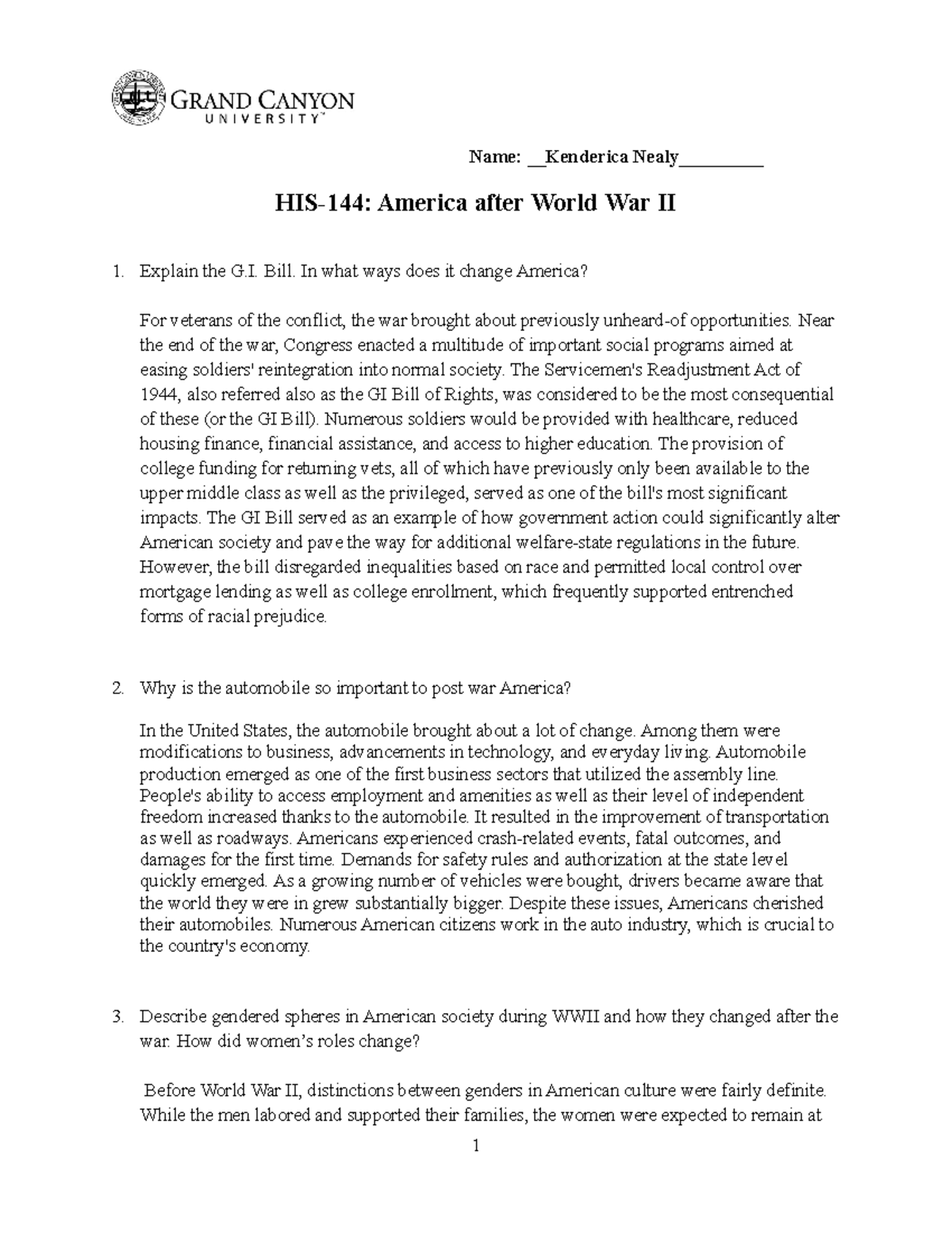 America after WWII Worksheet - Name: Kenderica Nealy_______ HIS-144 ...