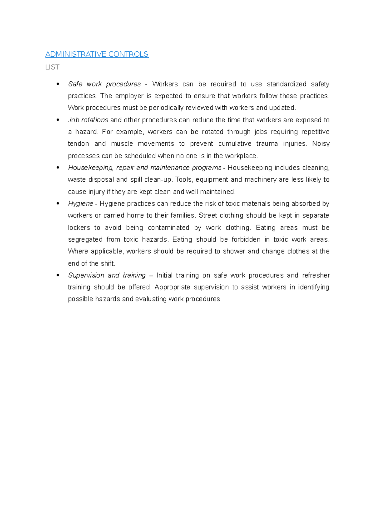 Administrative Controls - ADMINISTRATIVE CONTROLS LIST Safe work ...