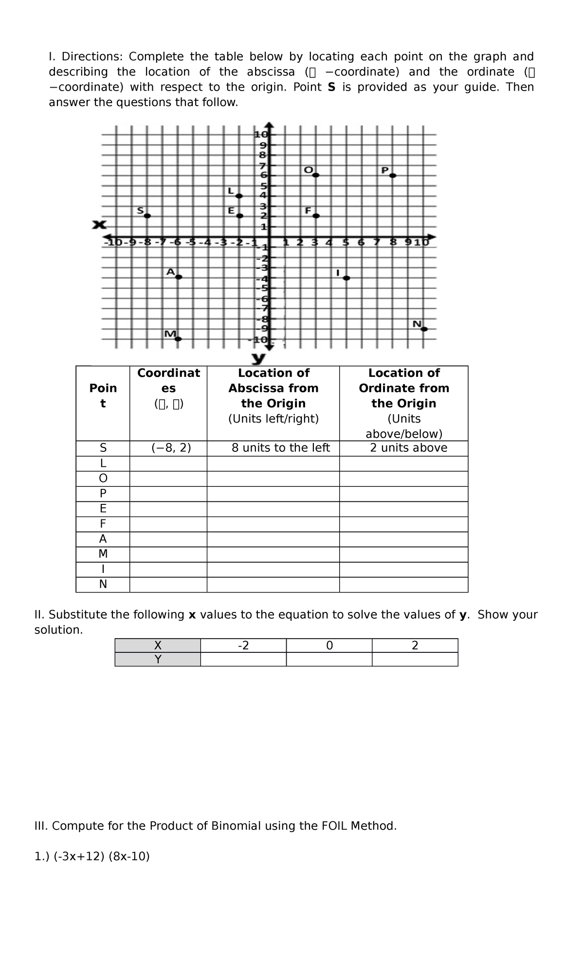 Math - Math - I. Directions: Complete the table below by locating each ...