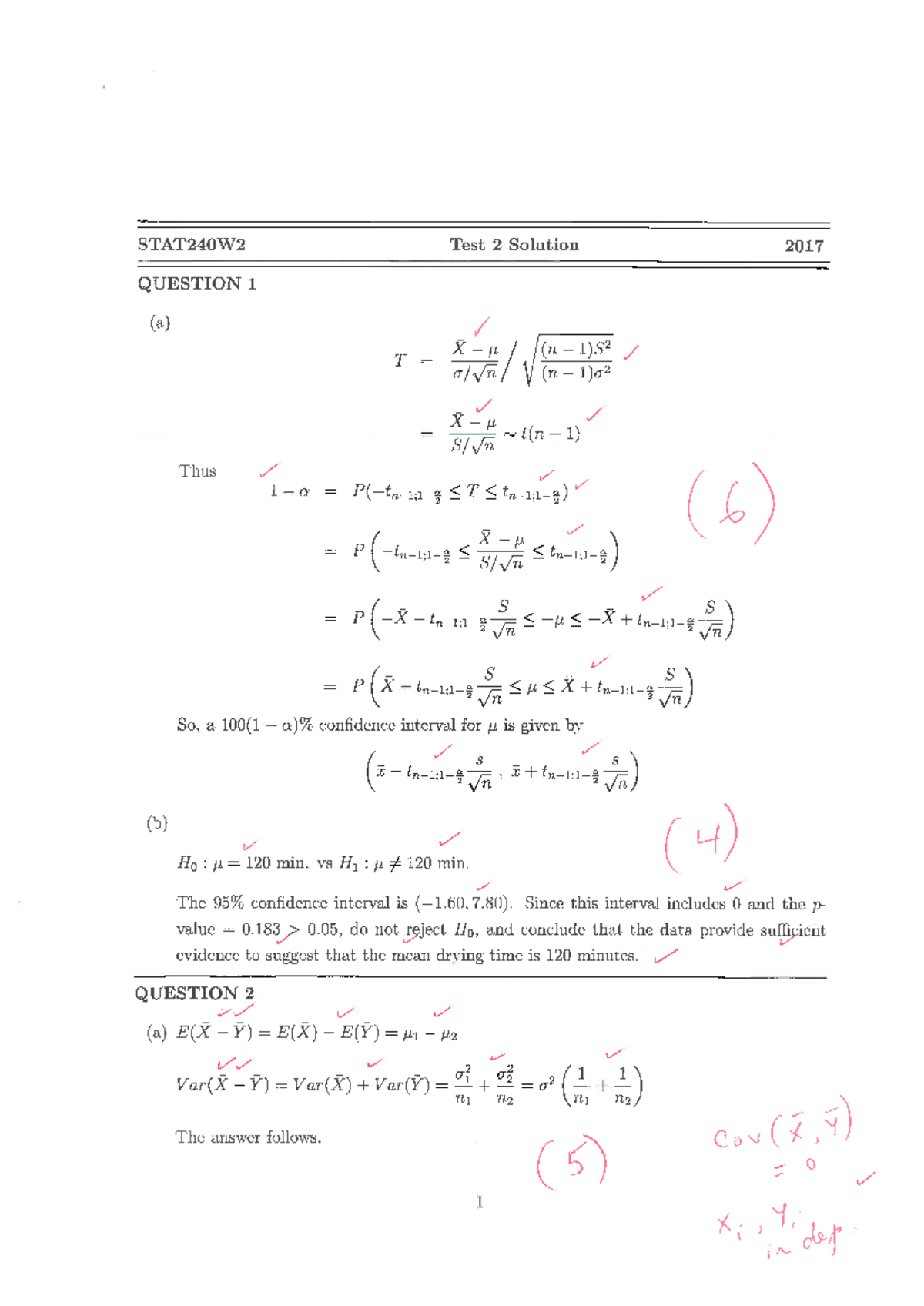Test 2 2017 Solution - JJHHHHHHH - STAT240W2 Test 2 Solution 2017 ...