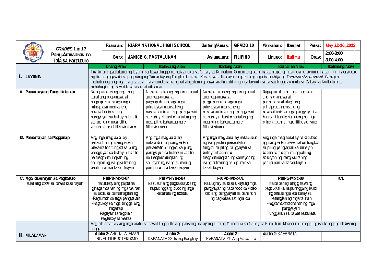 MAY 22-26, 2023 4TH Quarter DLL FIL-10 Aralin 4 - GRADES 1 to 12 Pang-Araw-araw na Tala sa ...