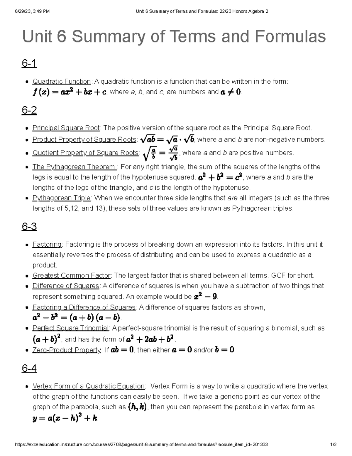 Unit 6 Summary Of Terms And Formulas 22 23 Honors Algebra 2 6 29 23
