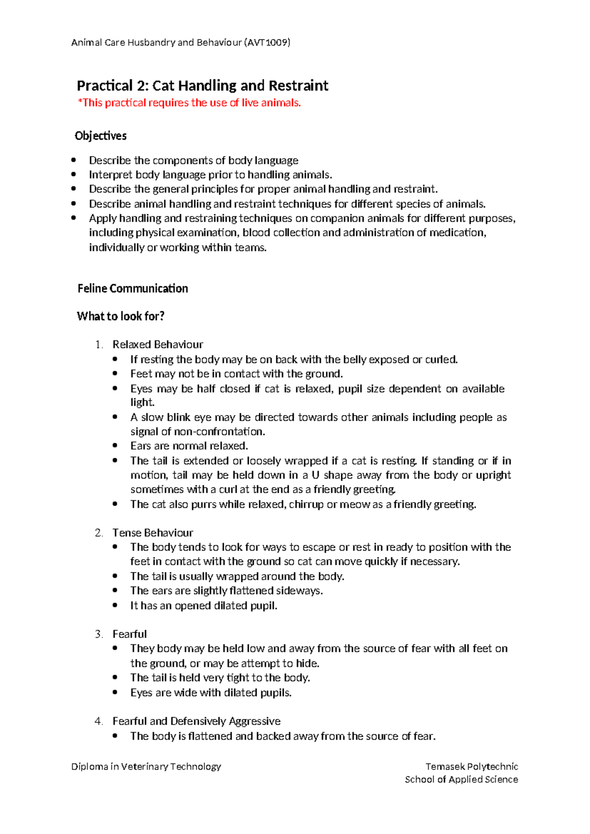 P2- Cat restraint - practical notes - Practical 2: Cat Handling and ...