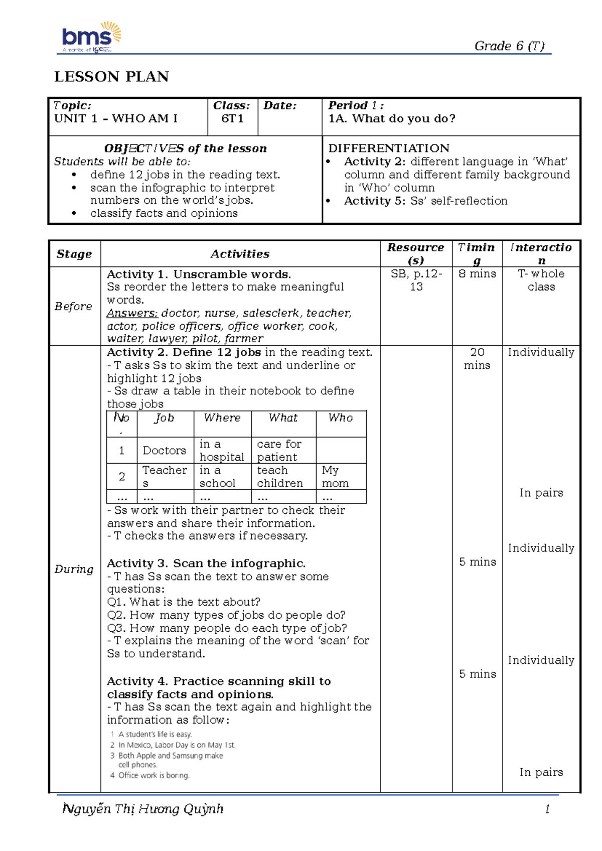 GA-K6.T1- TC1 (U1 1A.What do you do) - Grade 6 (T) LESSON PLAN Topic ...