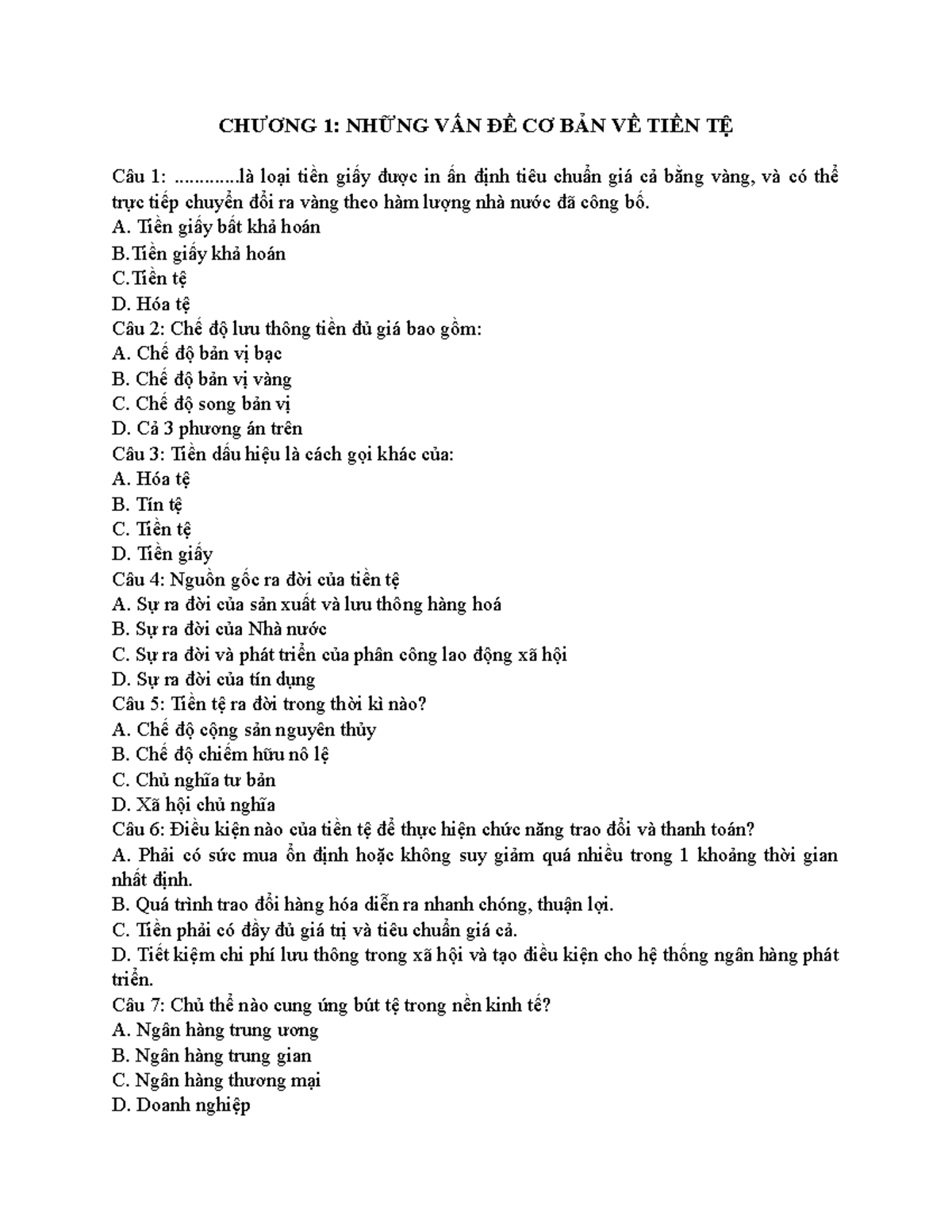 Chuong 1 Tien Te - tham khảo - CHƯƠNG 1: NHỮNG VẤN ĐỀ CƠ BẢN VỀ TIỀN TỆ ...