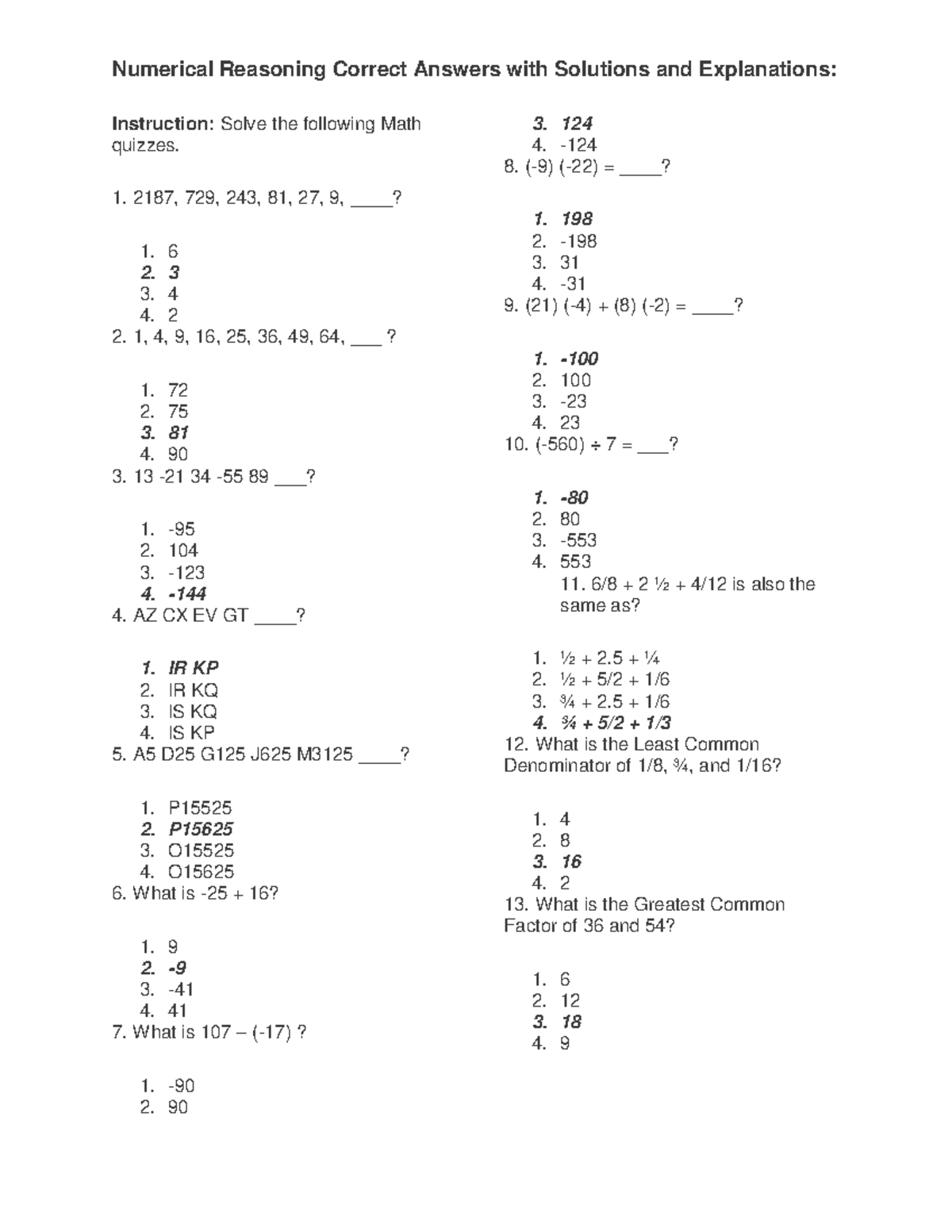 Numerical Reasoning - trial - Numerical Reasoning Correct Answers with ...