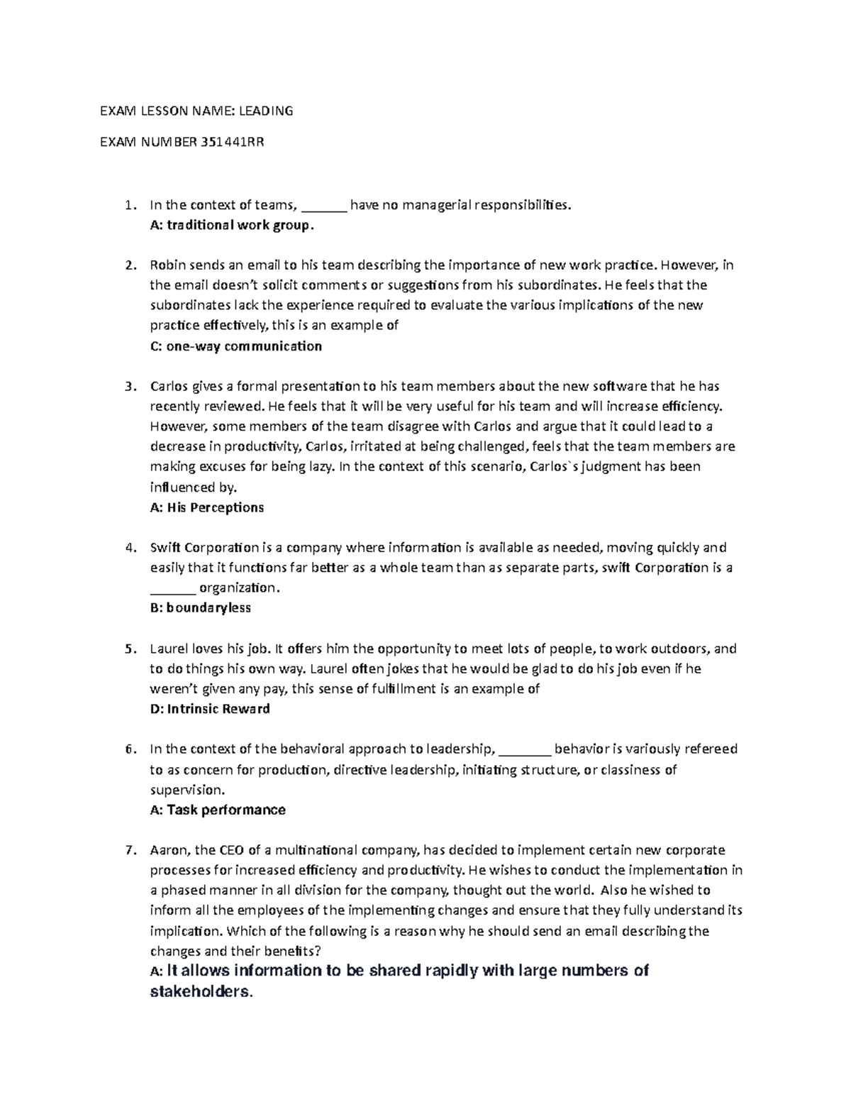 EXAM Lesson NAME Leading EXAM Number 351441 RR - EXAM LESSON NAME ...