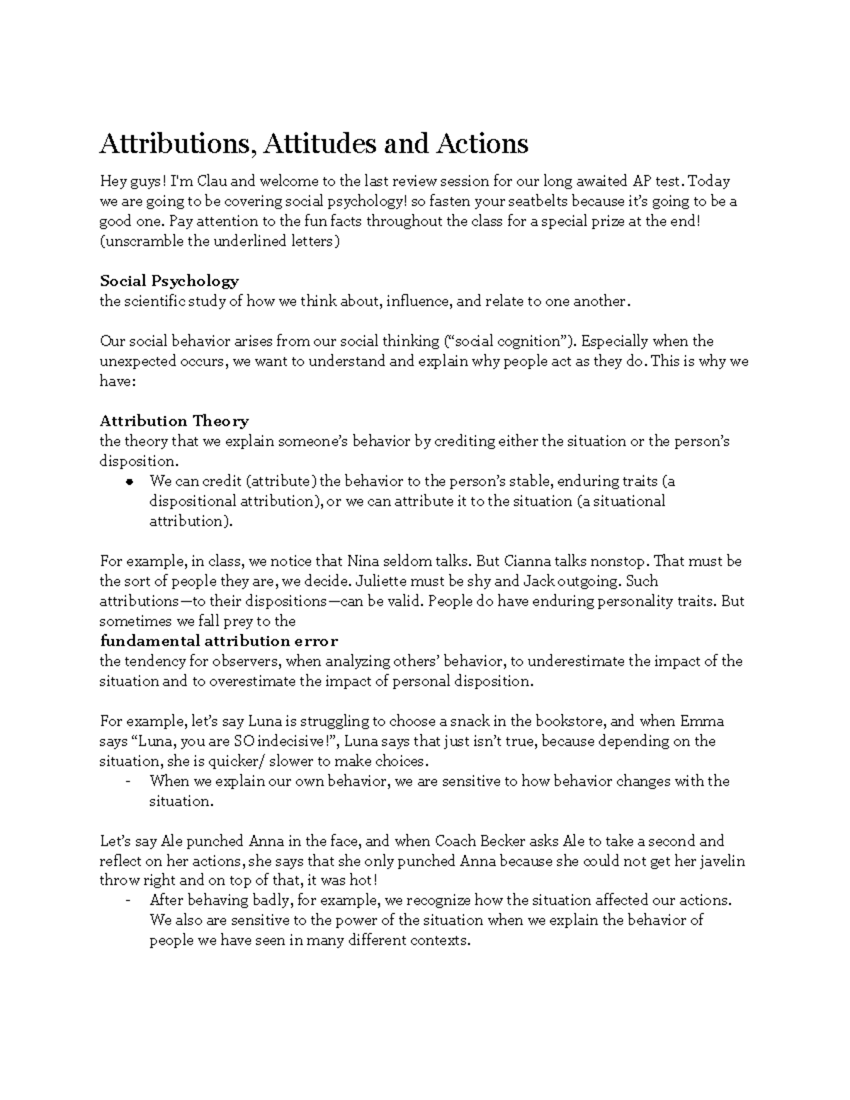 AP Psych Unit 14 Claudia Colina - Attributions, Attitudes and Actions ...