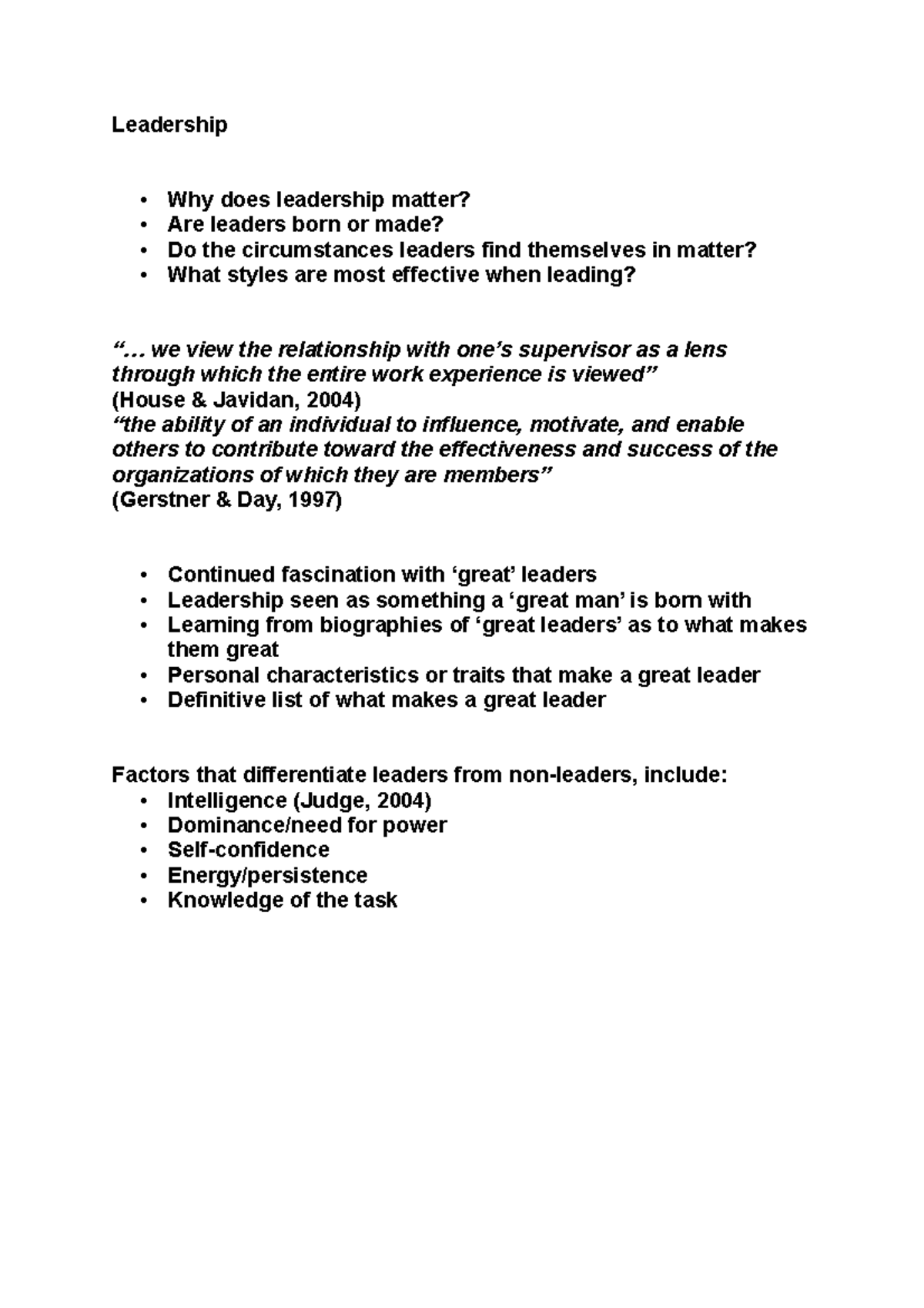 Leadership - Lecture notes 1 - Leadership Why does leadership matter ...
