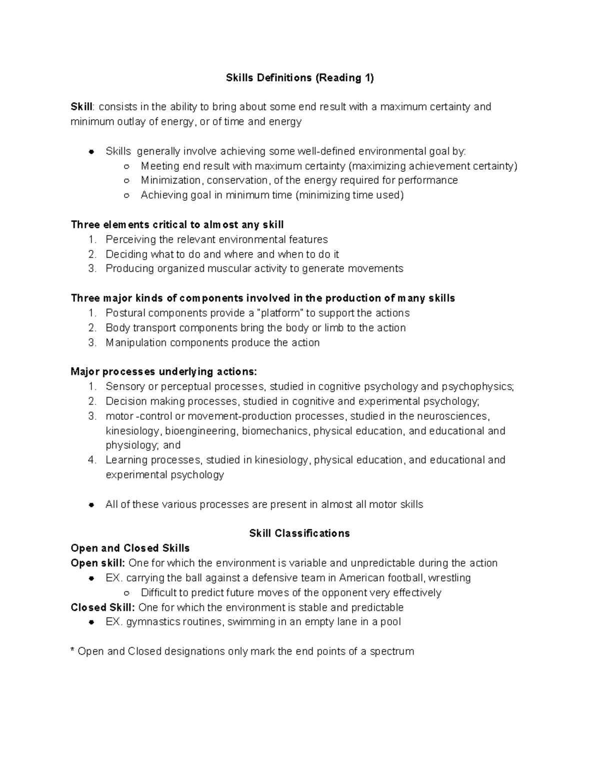 Week 1 reading Notes KINE 3020 - Skills Definitions (Reading 1) Skill ...