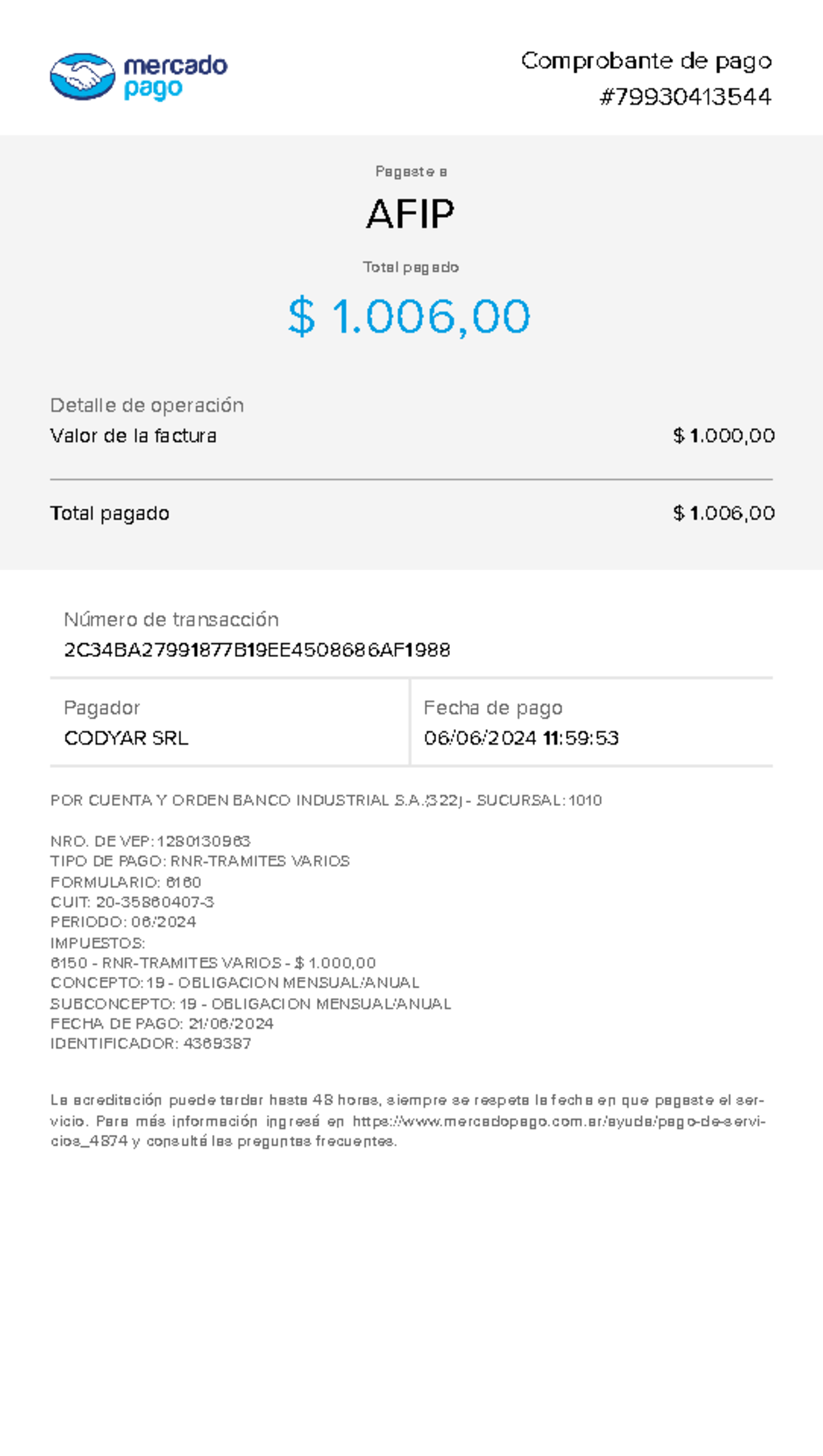 PAGO Antecedentes - Comprobante de pago Pagaste a AFIP Total pagado $ 1 ...