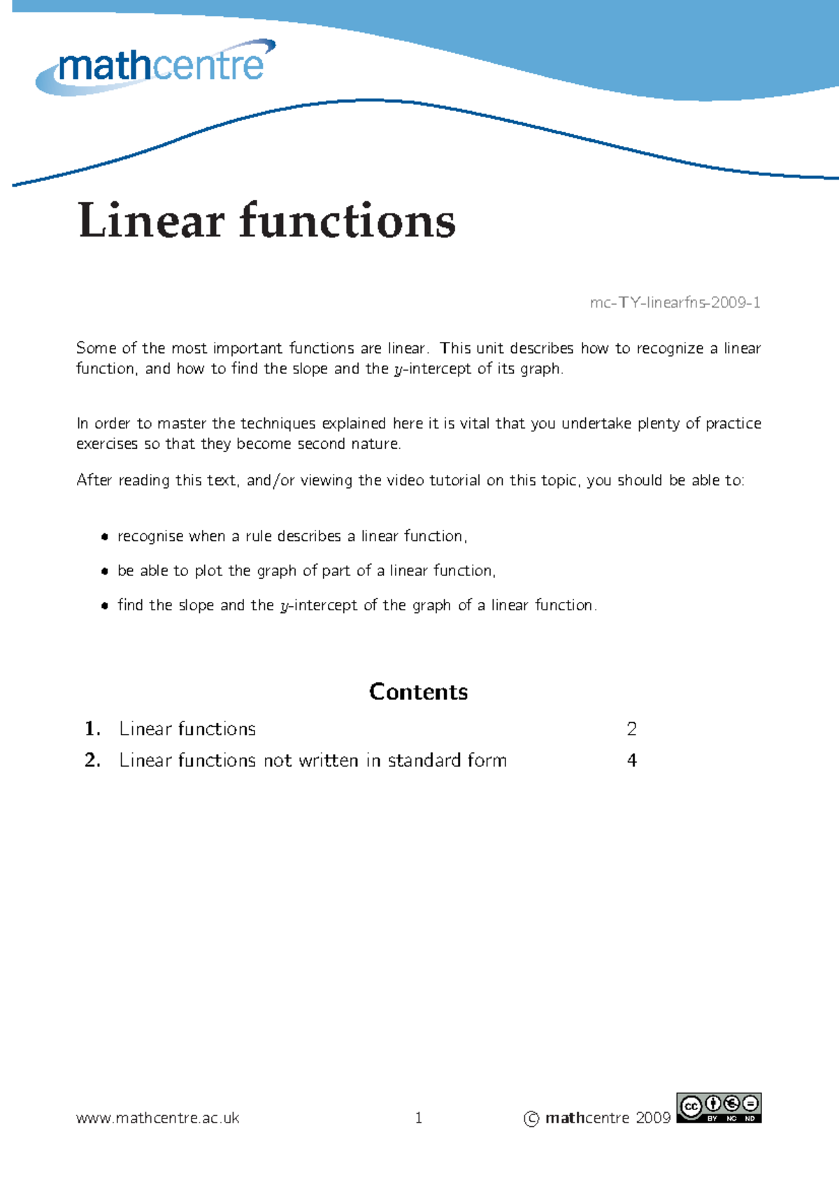 Mc ty linearfns 2009 1 - Notes - Linear functions mc-TY-linearfns-2009 ...