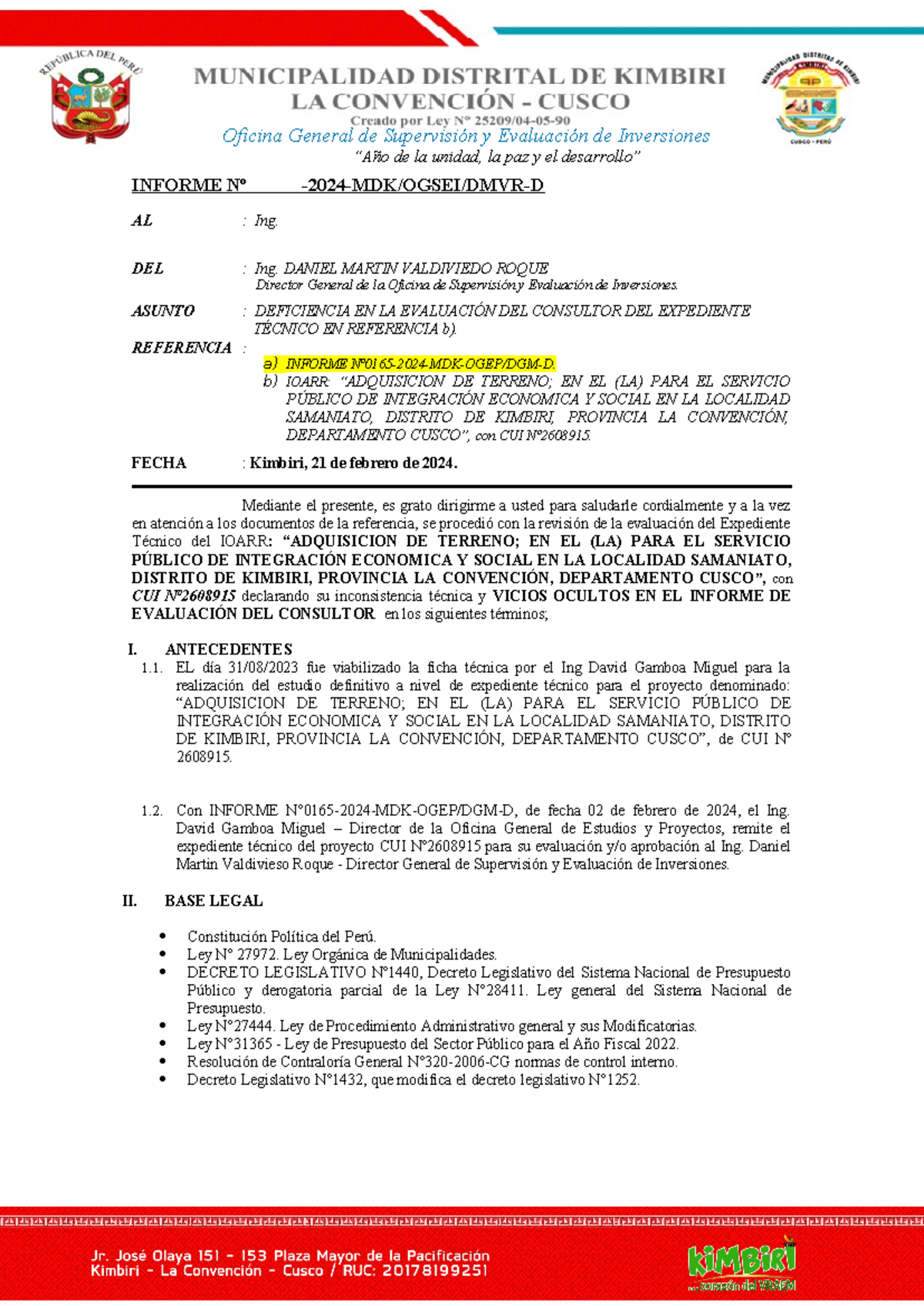 Informe Tecnico. Adquisicion DE Terreno Samaniato - “Año de la unidad, la paz y el desarrollo ...