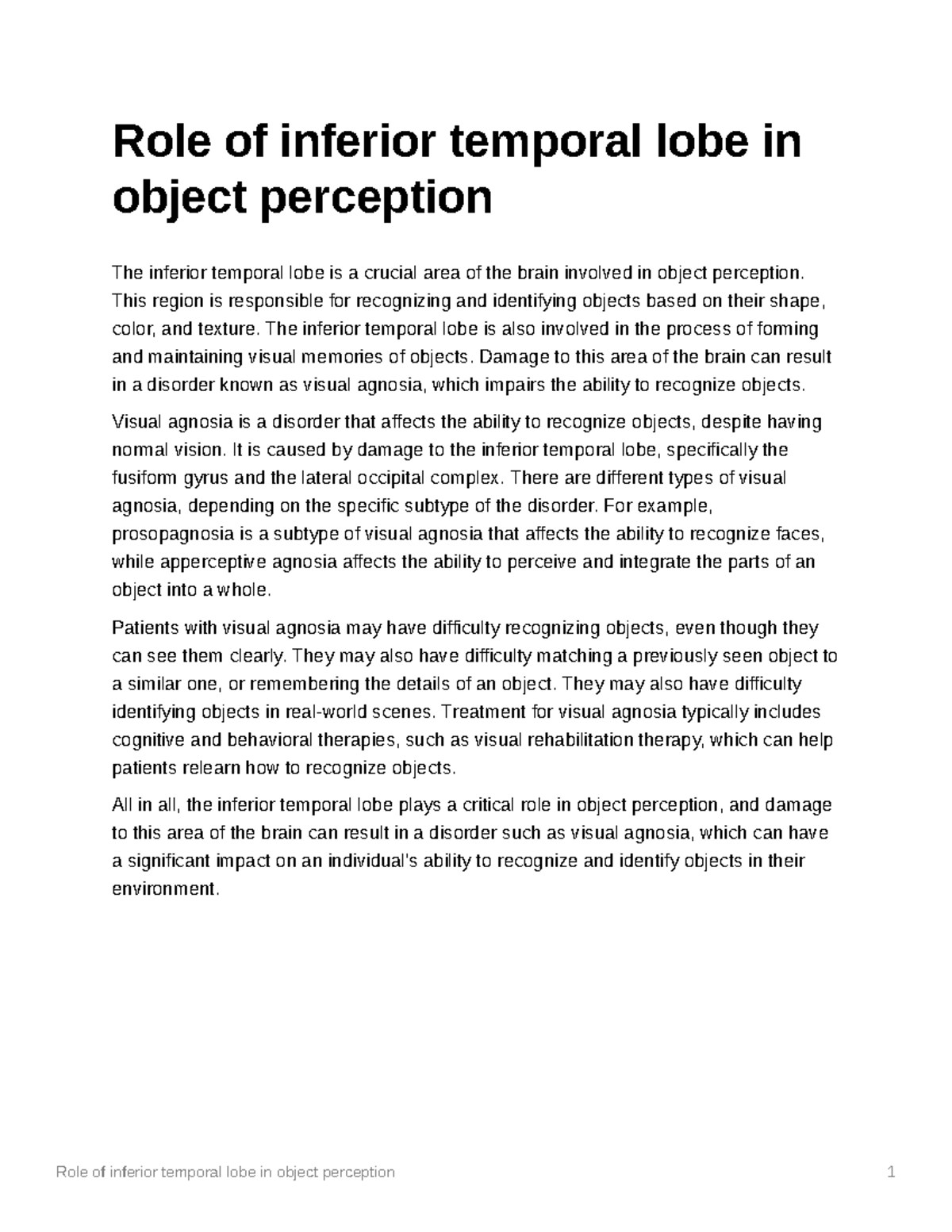Role of inferior temporal lobe in object perception - This region is responsible for recognizing ...
