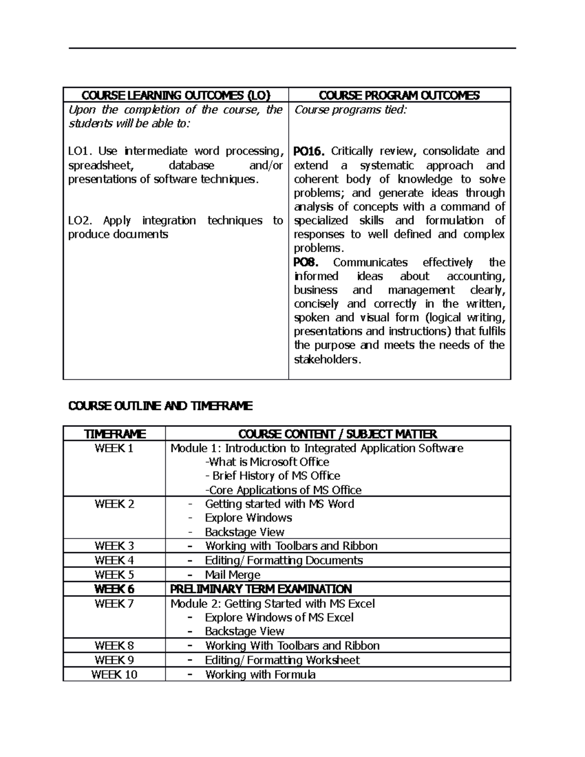 Syllabus CC101 - WORD SPREDSHEET POWERPOINT - COURSE LEARNING OUTCOMES ...