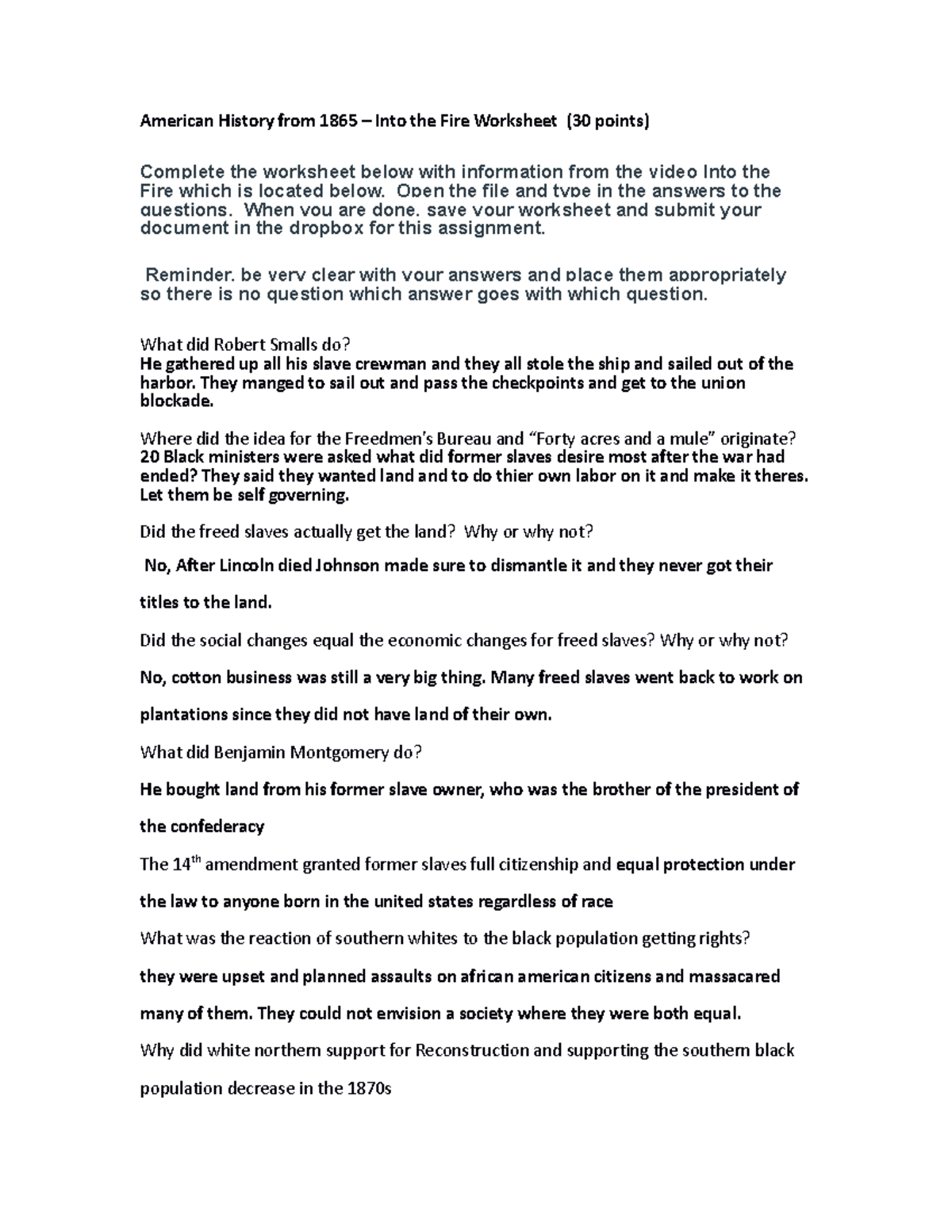 Into the Fire Video Worksheet FA23 - American History from 1865 – Into ...
