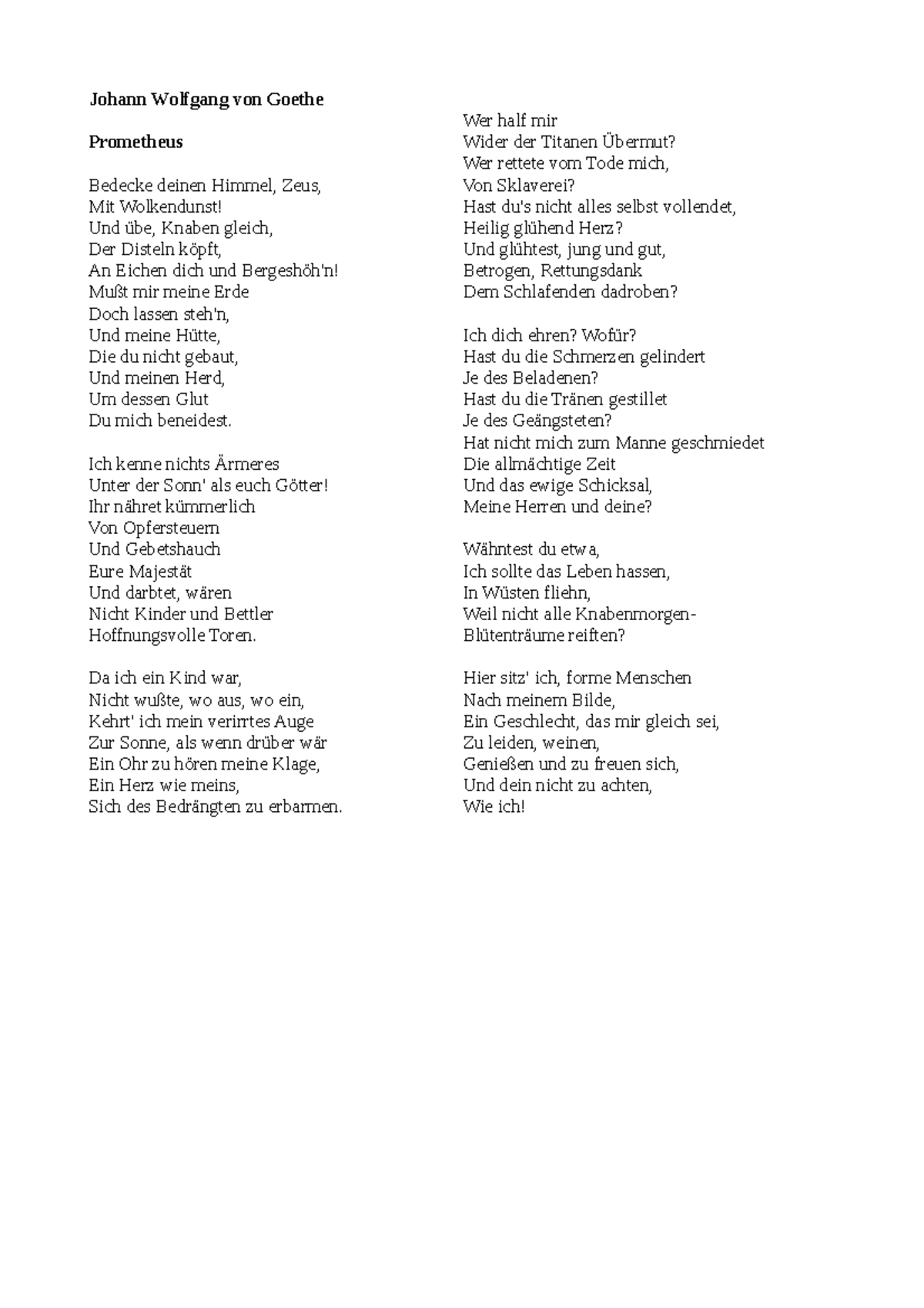 Prometheus - Johann Wolfgang von Goethe Prometheus Bedecke deinen ...