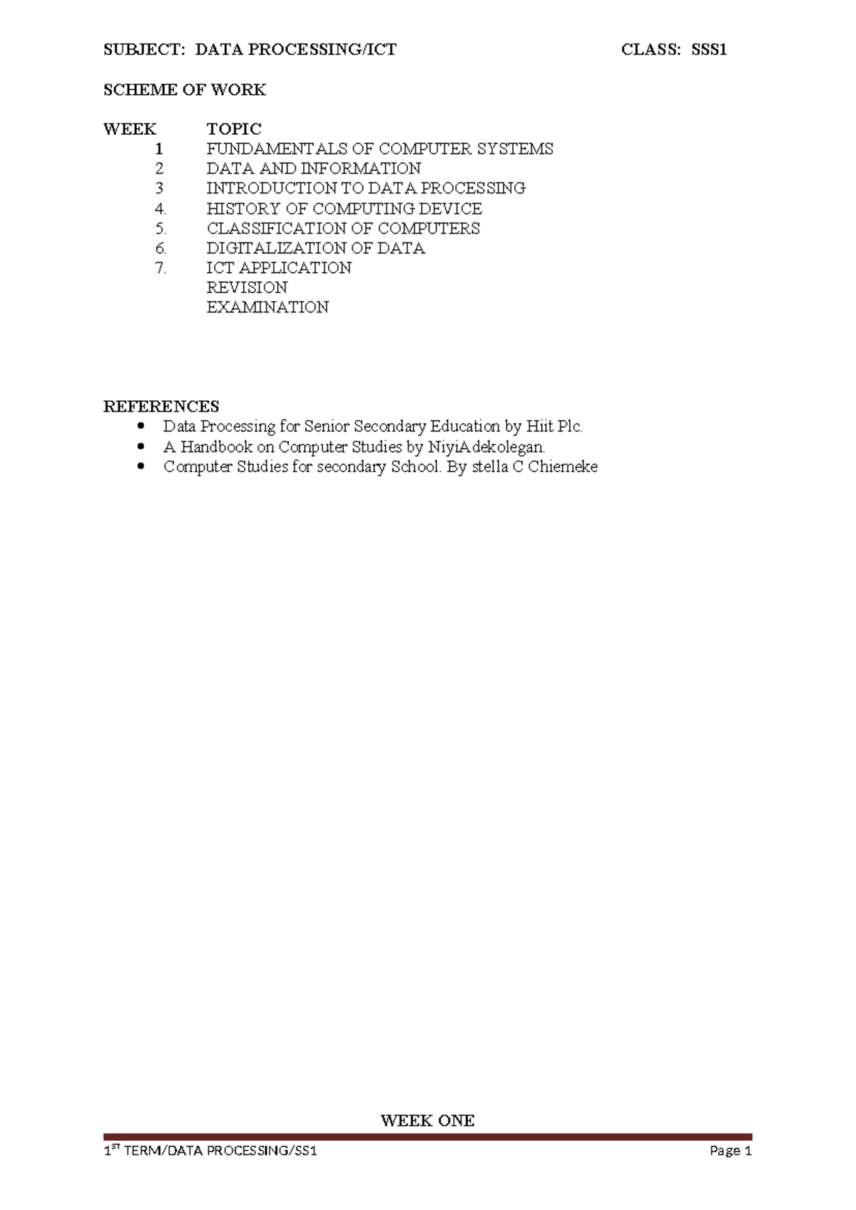 Ss 1 Data Processing Subject Data Processingict Class Sss Scheme Of Work Week Topic 1
