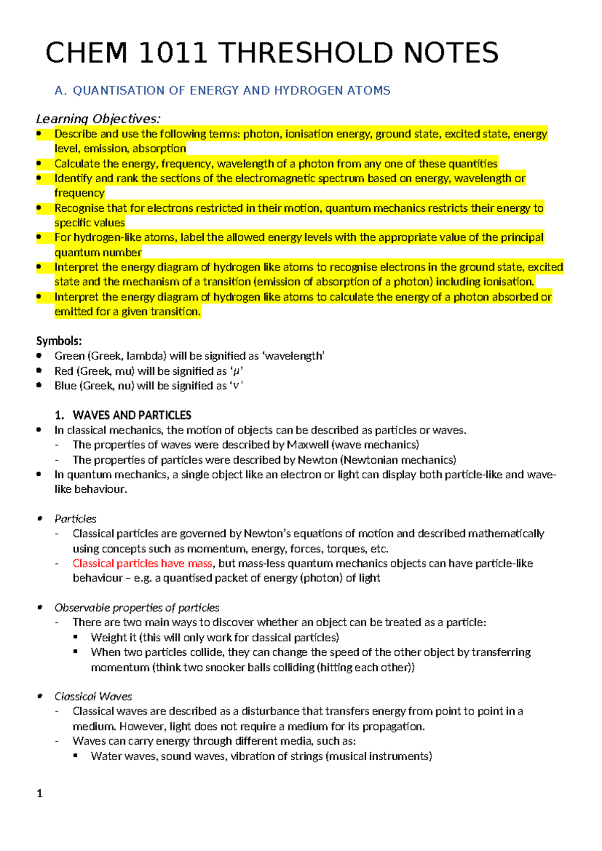 Notes - threshold content - CHEM 1011 THRESHOLD NOTES A. QUANTISATION ...