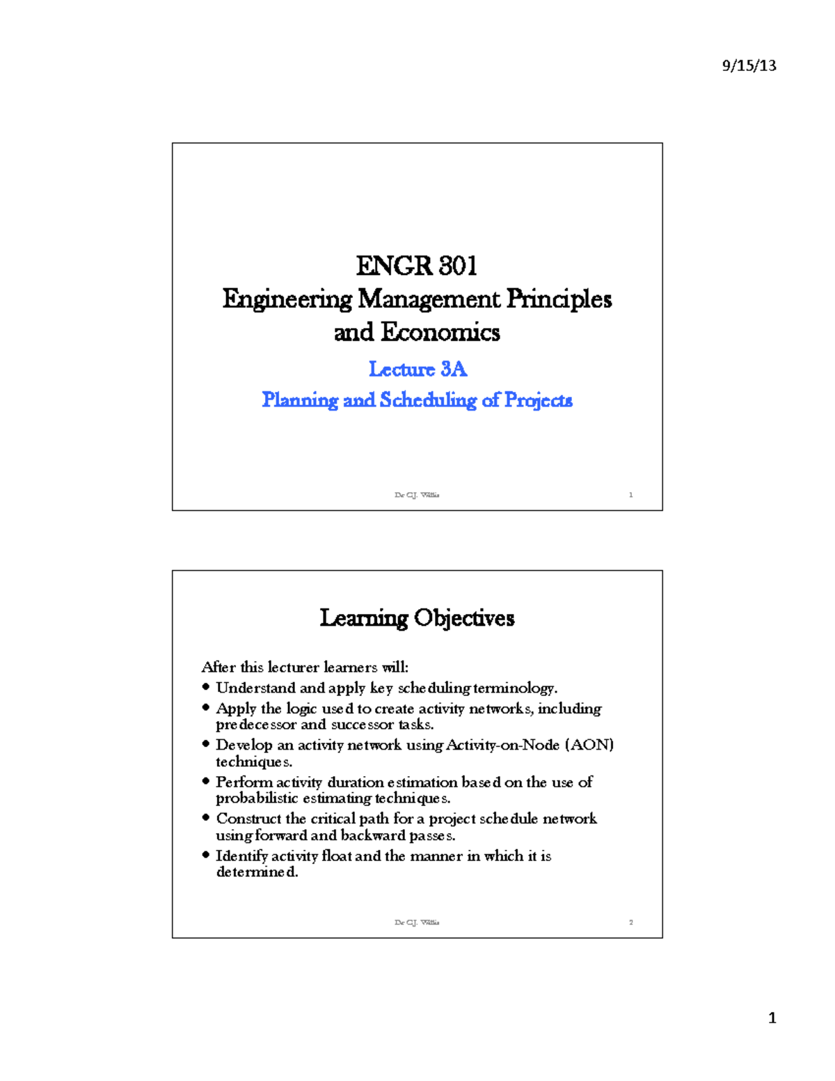 Lecture 3A Planning and Scheduling of Construction Projects Updated - ENGR 301 Engineering - Studocu