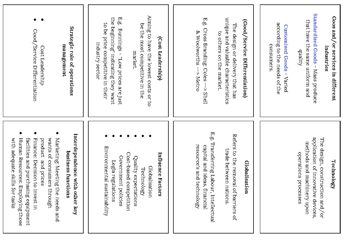 Operations Flash Card - Cost Leadership Good/Service Differentiation ...